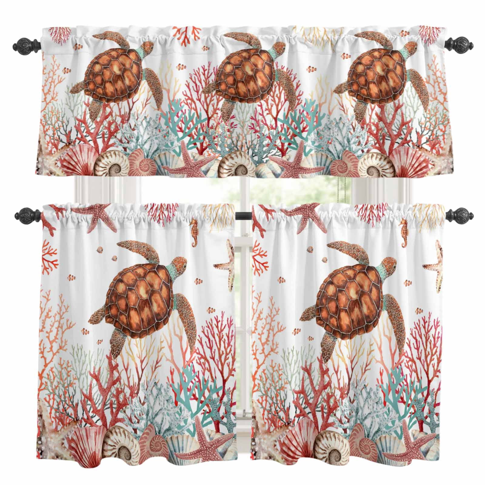 Brown Sea Turtles Kitchen Curtains Set for Windows, Summer Ocean Marine ...