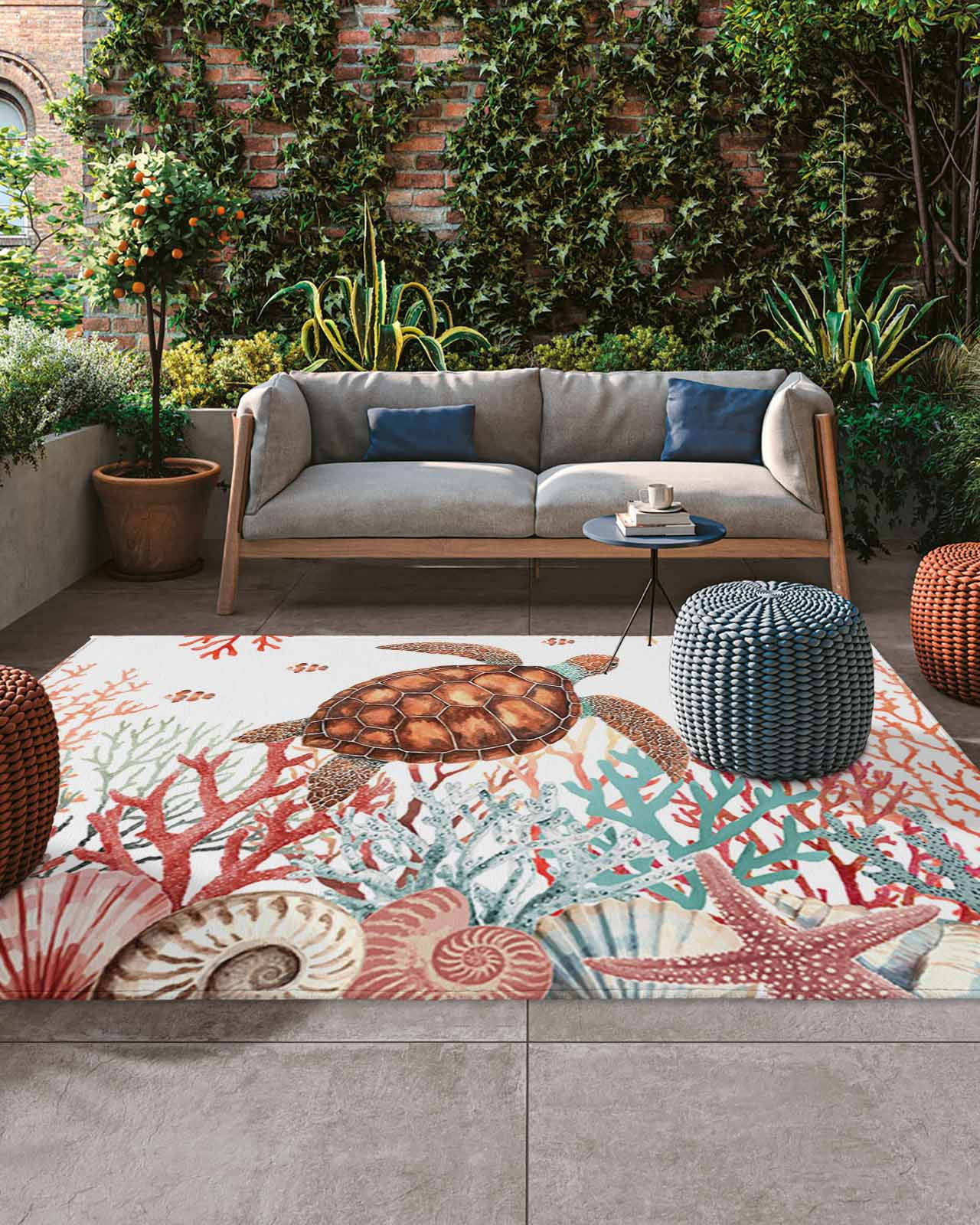 Brown Sea Turtles Outdoor Rug, Summer Ocean Marine Life Red Corals ...