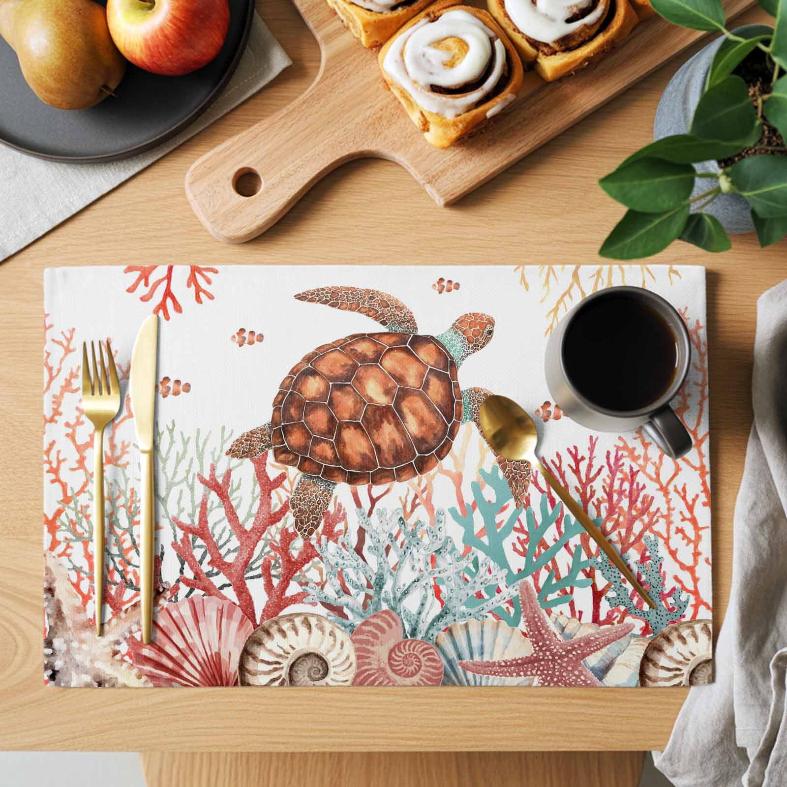 Brown Sea Turtles Placemats Set of 2, Summer Ocean Marine Life Red ...