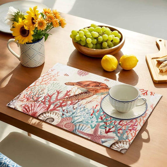 Brown Sea Turtles Placemats Set of 8, Summer Ocean Red Marine Life ...