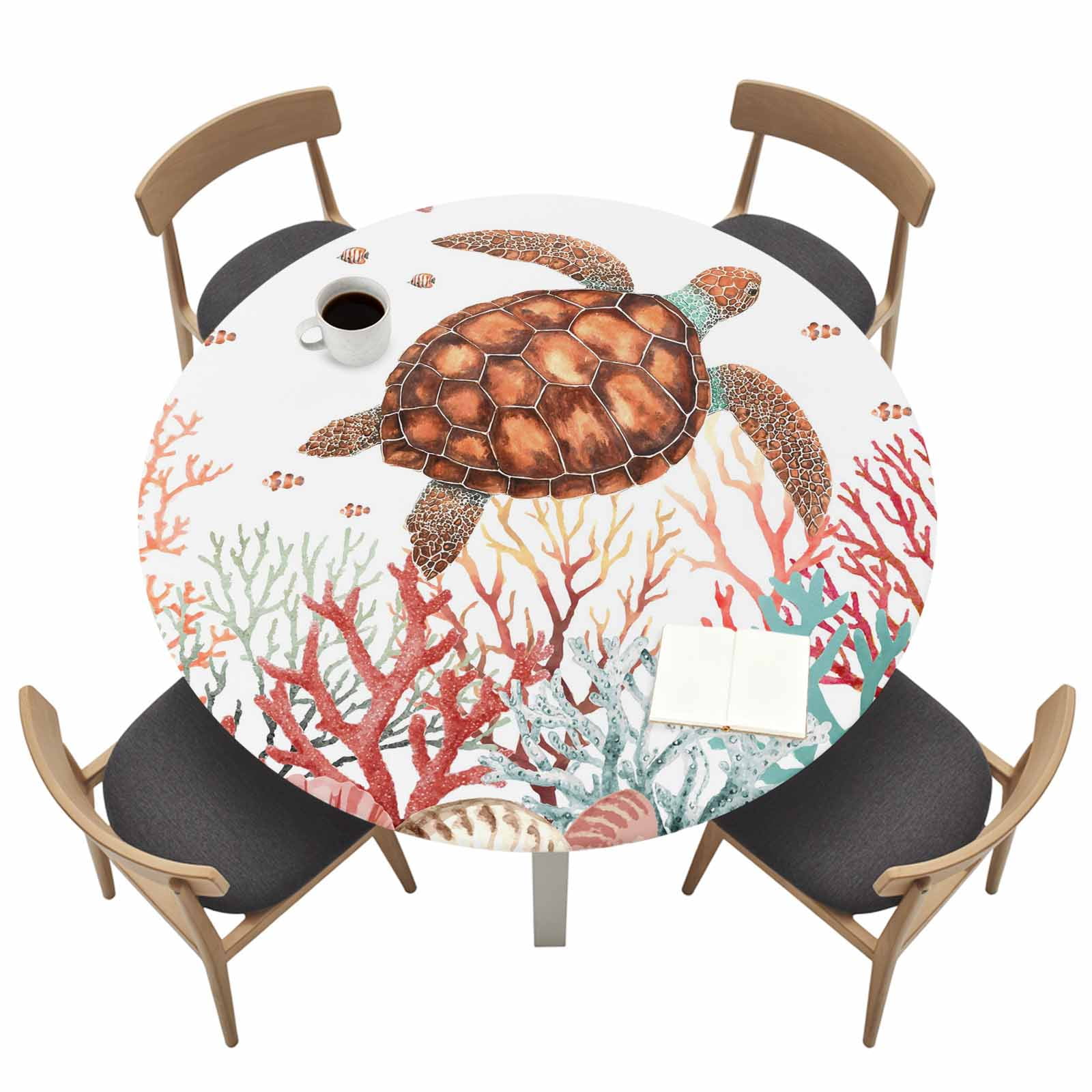 Brown Sea Turtles Round Fitted Tablecloth with Elastic Edge Summer ...