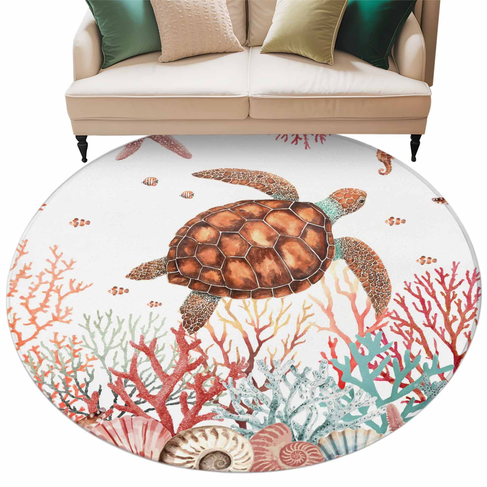 Brown Sea Turtles Round Area Rug 6 ft Summer Ocean Marine Life Red ...