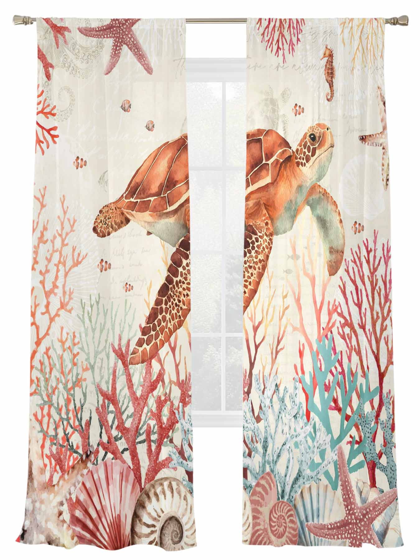 Brown Sea Turtles Sheer Curtains 84 Inch Long 2 Panels, Summer Ocean ...