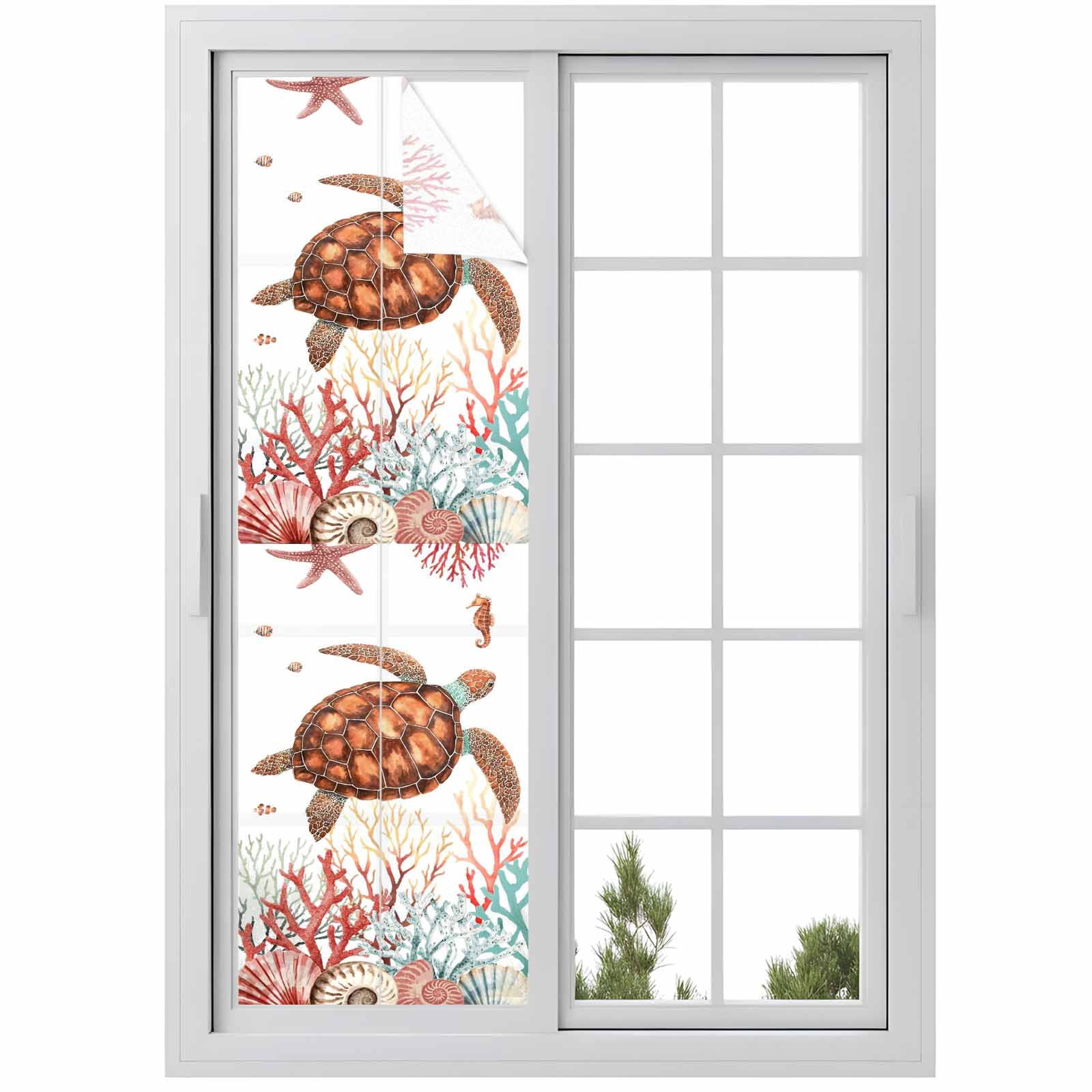 Brown Sea Turtles Window Privacy Film, Summer Ocean Marine Life Red ...