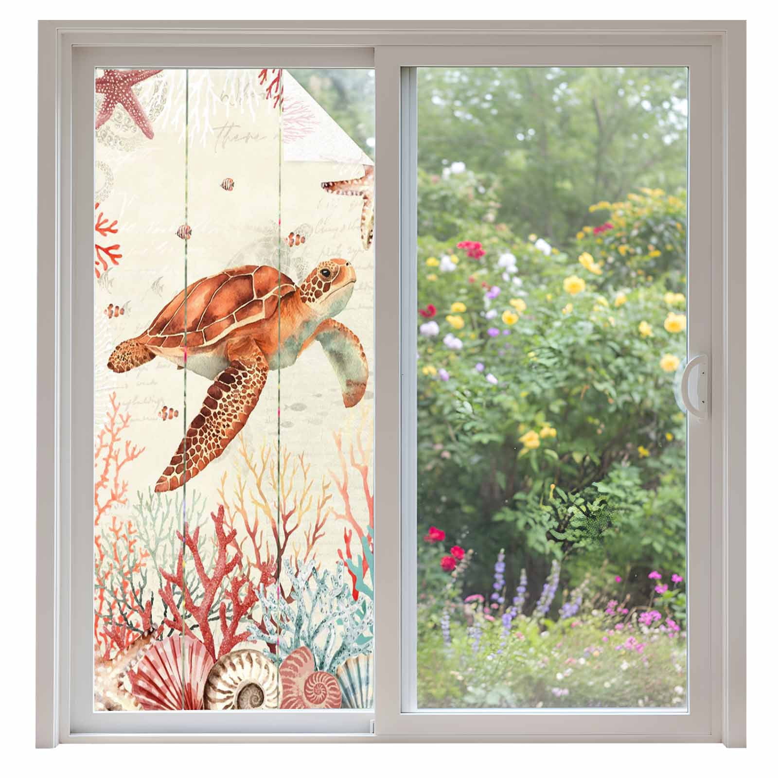 Brown Sea Turtles Window Privacy Film, Summer Ocean Red Marine Life ...