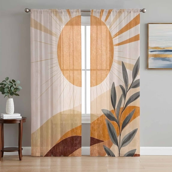 Brown Semi Sheer Curtains 84 Inch Length 2 Panels Set, Modern Abstract ...