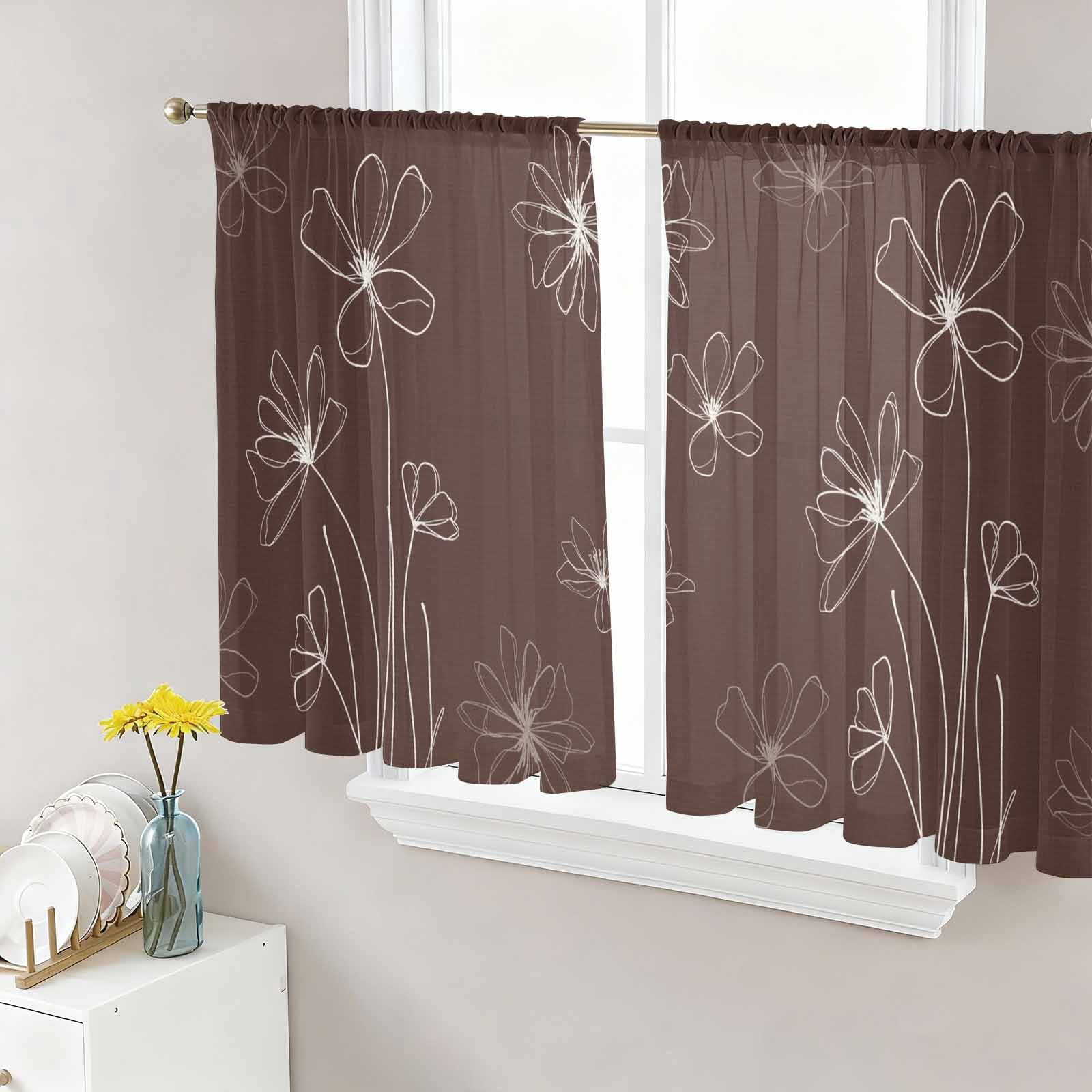 Brown Sheer Curtains 54 Inch Length 2 Panels Set, Spring Flora Voile ...