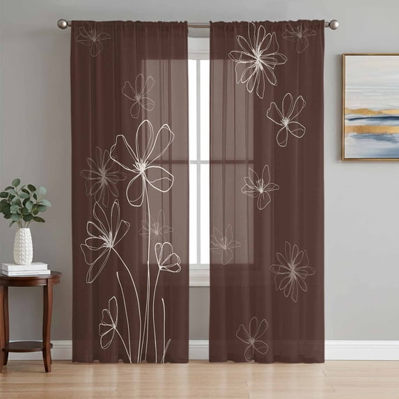 Brown Sheer Curtains 72 Inch Length 2 Panels Set, Spring Flora Voile ...