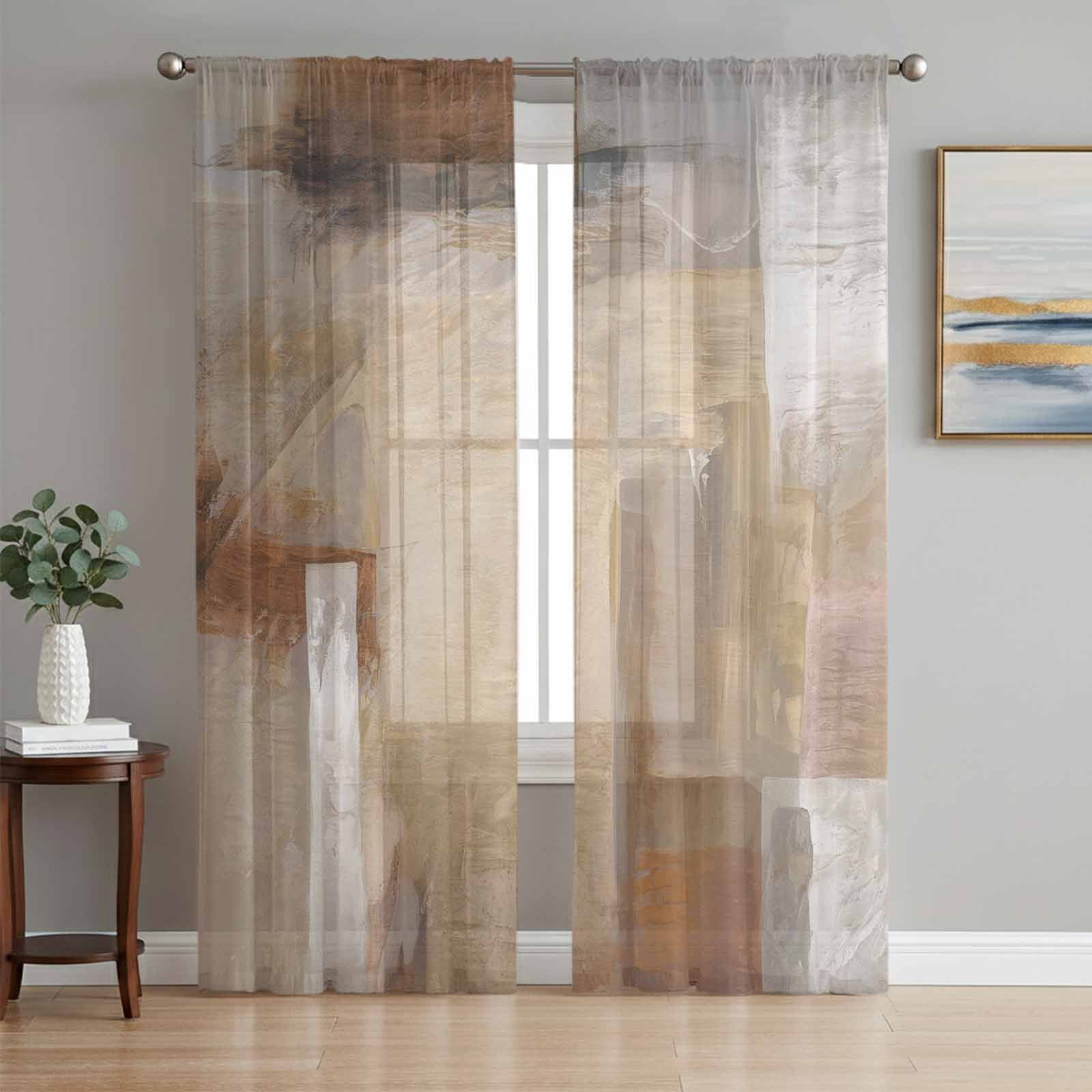 Brown Sheer Curtains 84 Inch Length 2 Panels Set, Abstract Paint ...