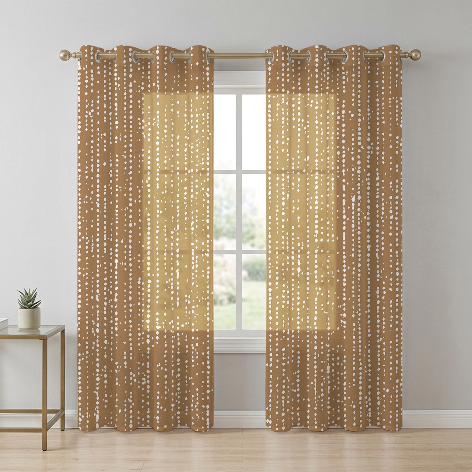 Brown Sheer Curtains 84 Inch Long 2 Panels, White Dots and Lines Fiber ...