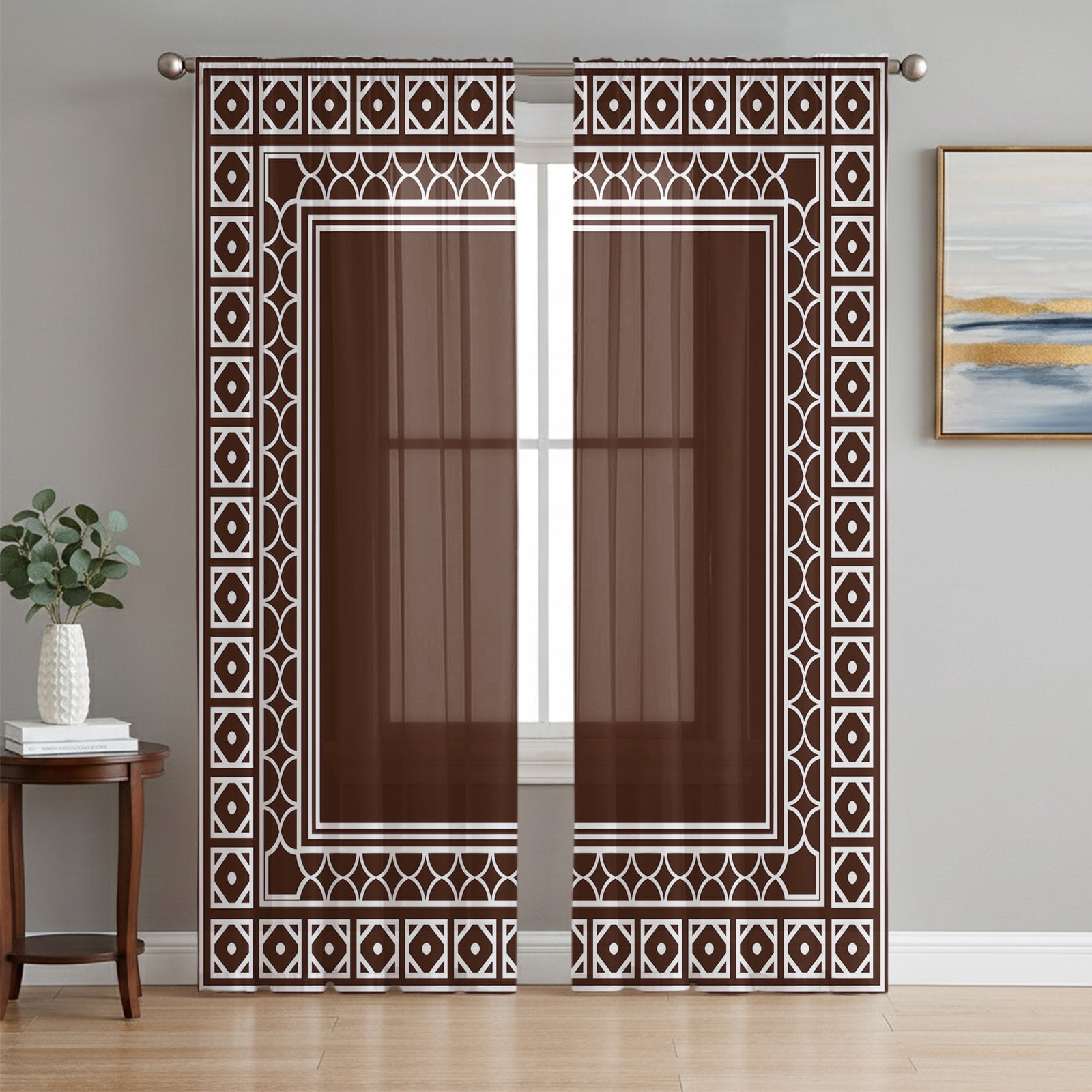 Brown Sheer Curtains for Living Room Bedroom, Boho Diamond Pattern ...