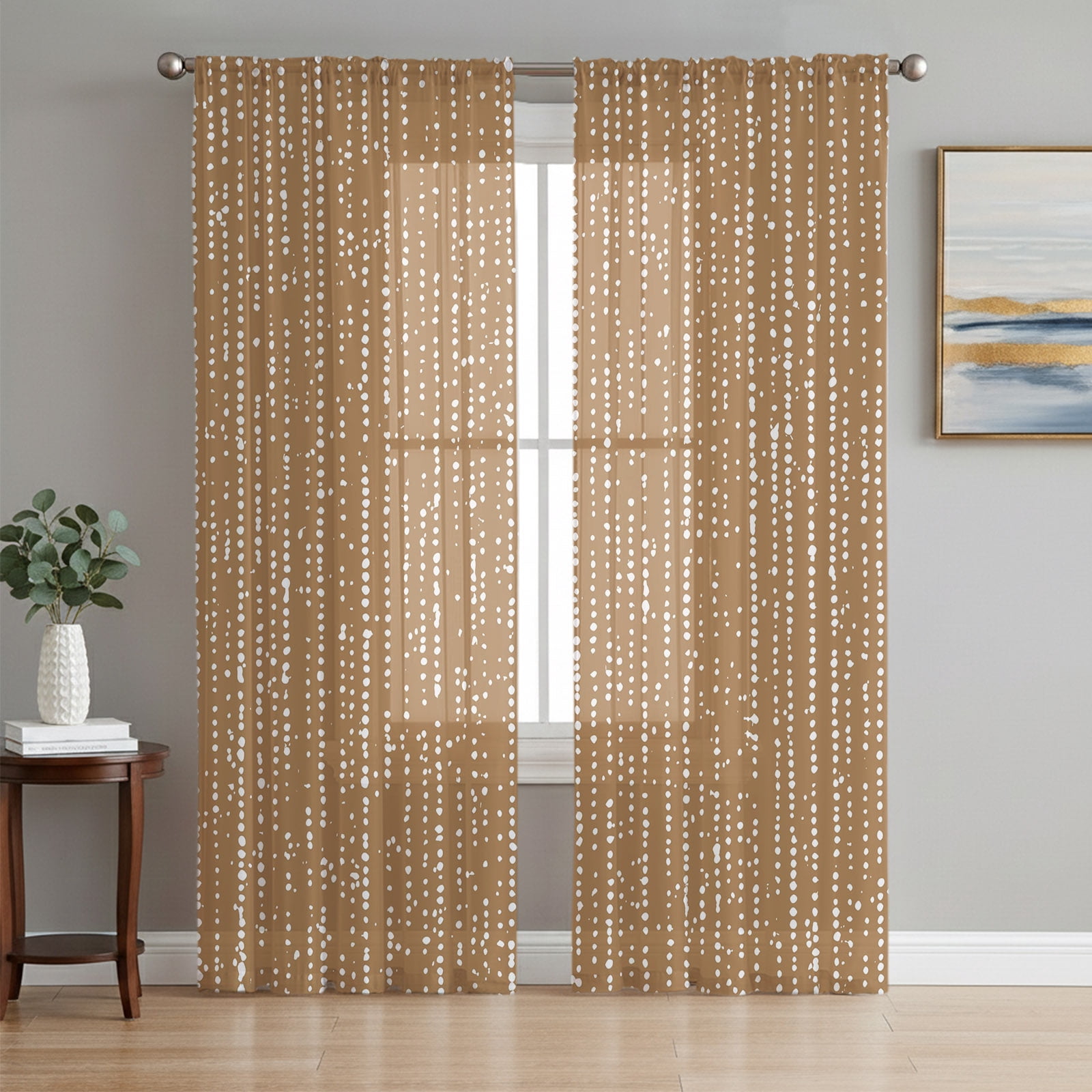 Brown Sheer Curtains for Living Room Bedroom, White Dots and Lines ...