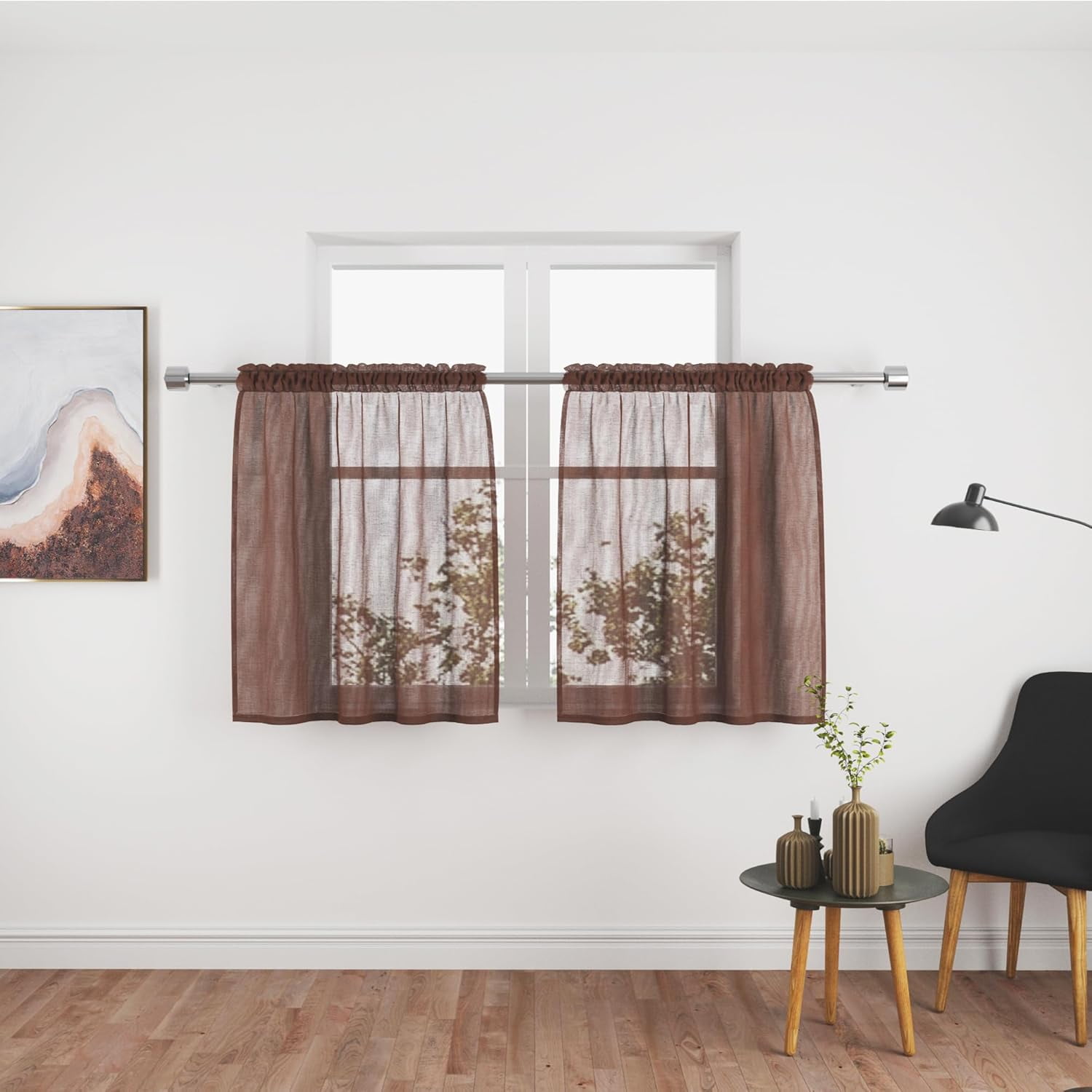 Brown Sheer Tier Curtains 36 inches Long Voile Kitchen Tiers Linen ...