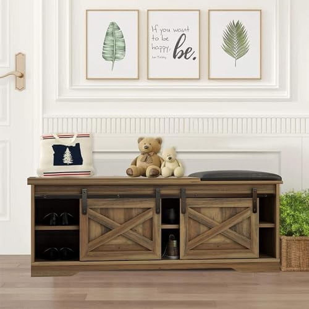 Brown Shoe Bench Entryway with Storage, Modern Shoe Bench with Sliding ...