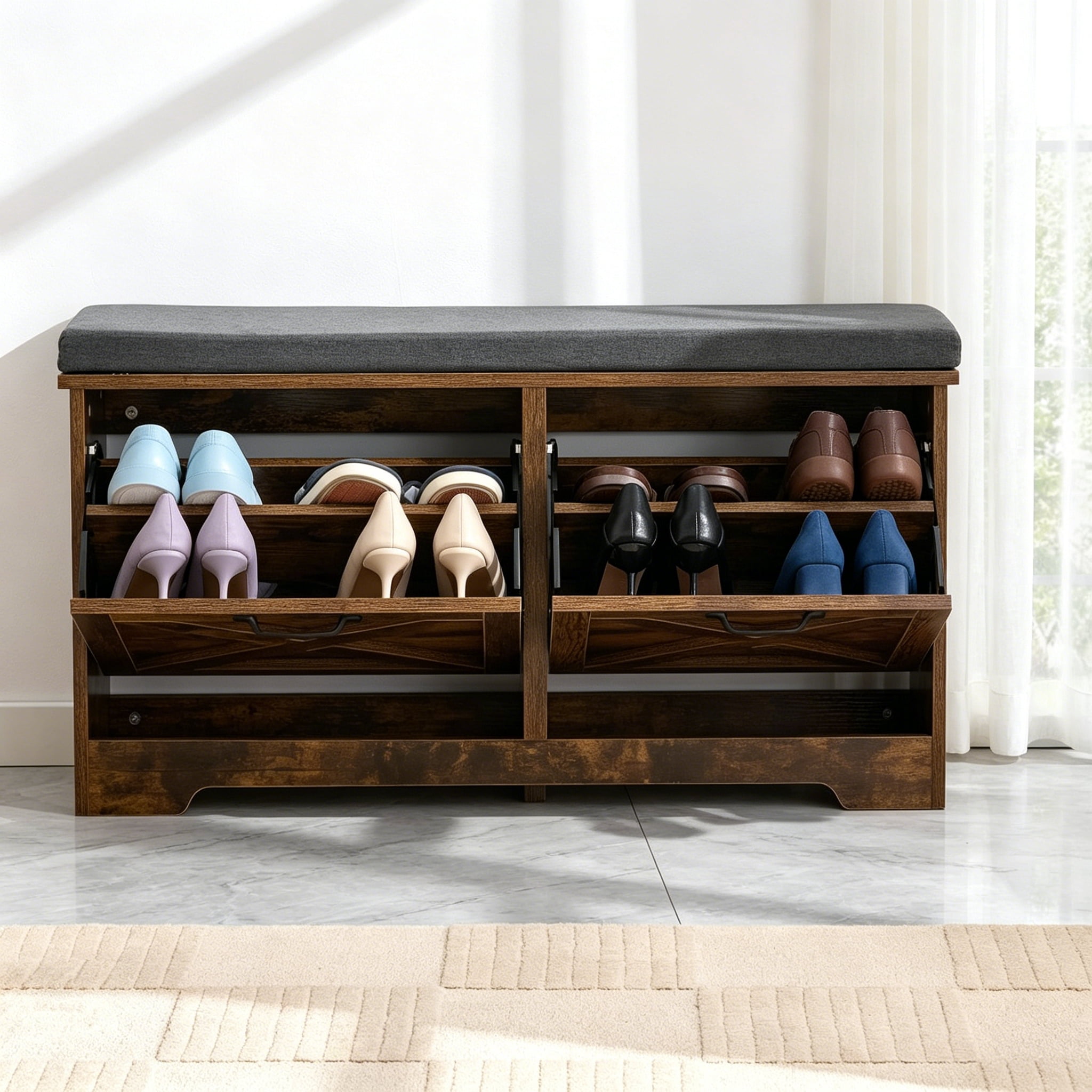 Brown Shoe Bench with Storage, Mudroom Bench with 2 Flip Drawers, Short ...
