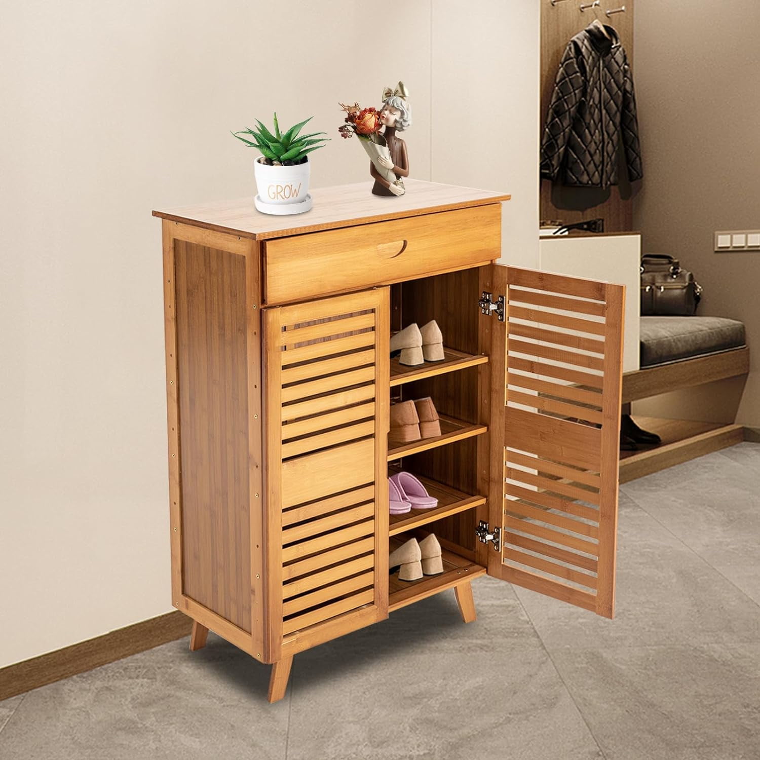 Brown Shoe Cabinet with Four Compartments, One Drawer, Bamboo Shoe ...