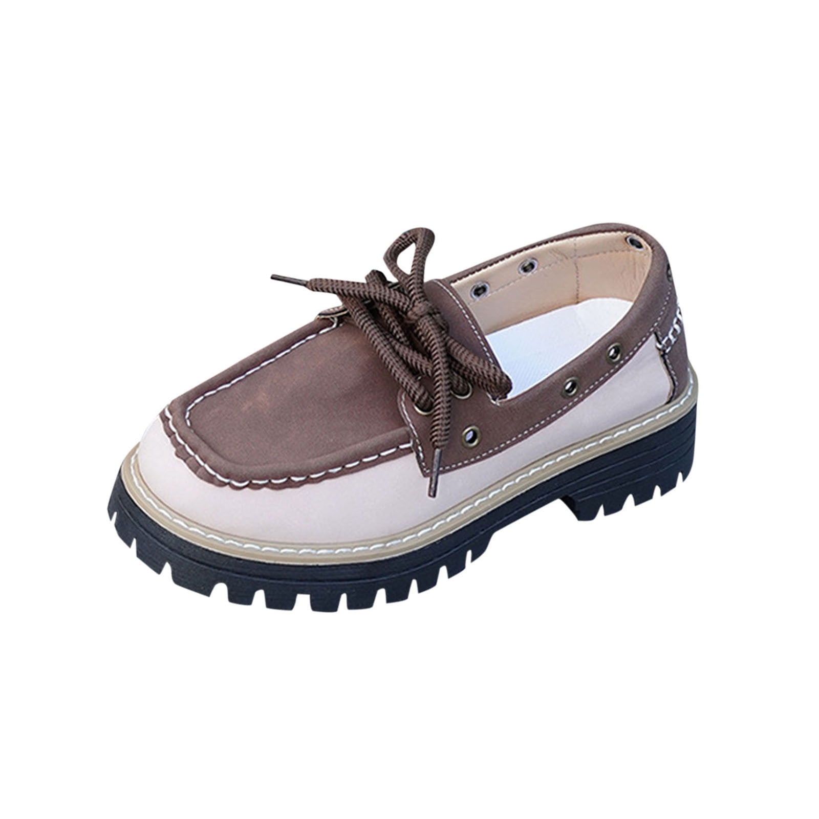 Brown Shoes Loafers Casual Round Toe Flat Thick Sole Front Lace-Up ...