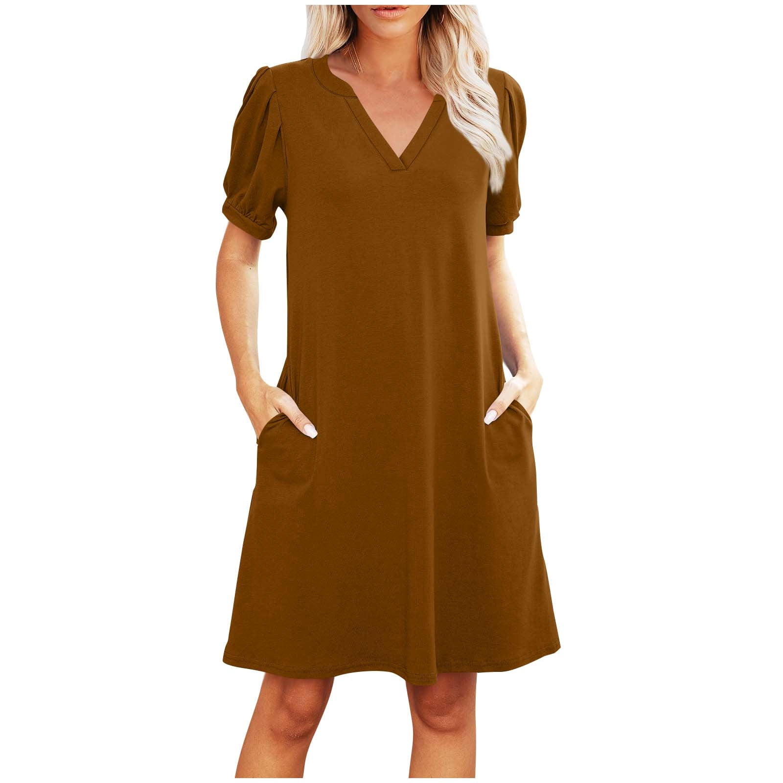 Brown Short Sleeve Dress for Ladies Fall Summer Vneck Spandex Midi Knee ...