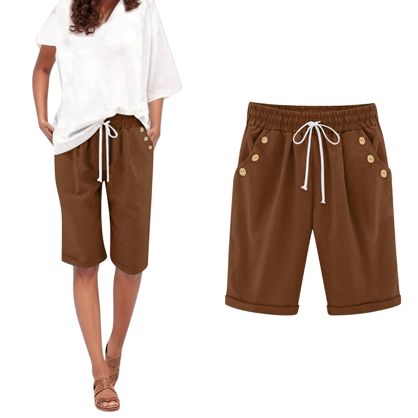Brown Shorts for Women Ladies Casual Pocket Thin Outer Wear Elastic ...