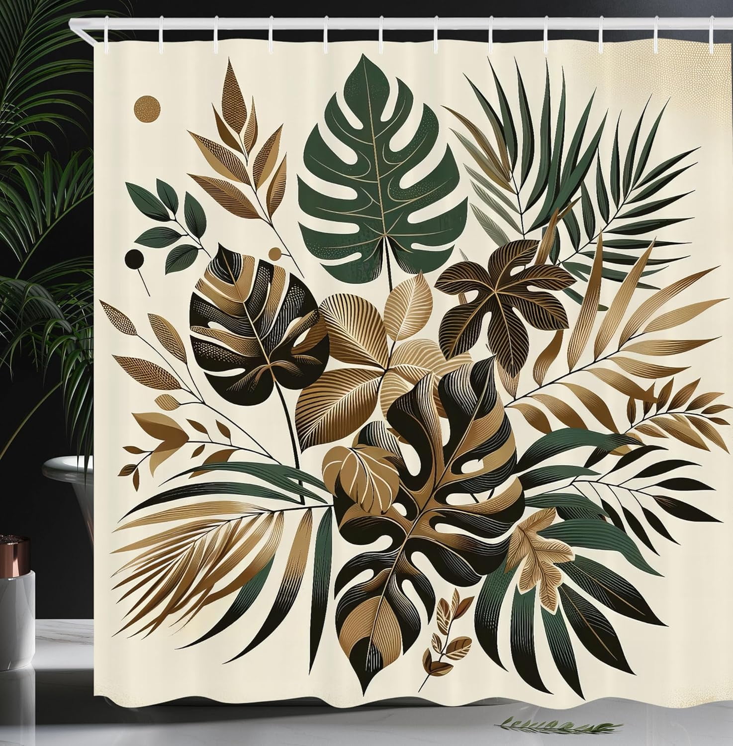 Brown Shower Curtain, Exotic Retro Inspired Monstera Palm Jungle Leaves ...