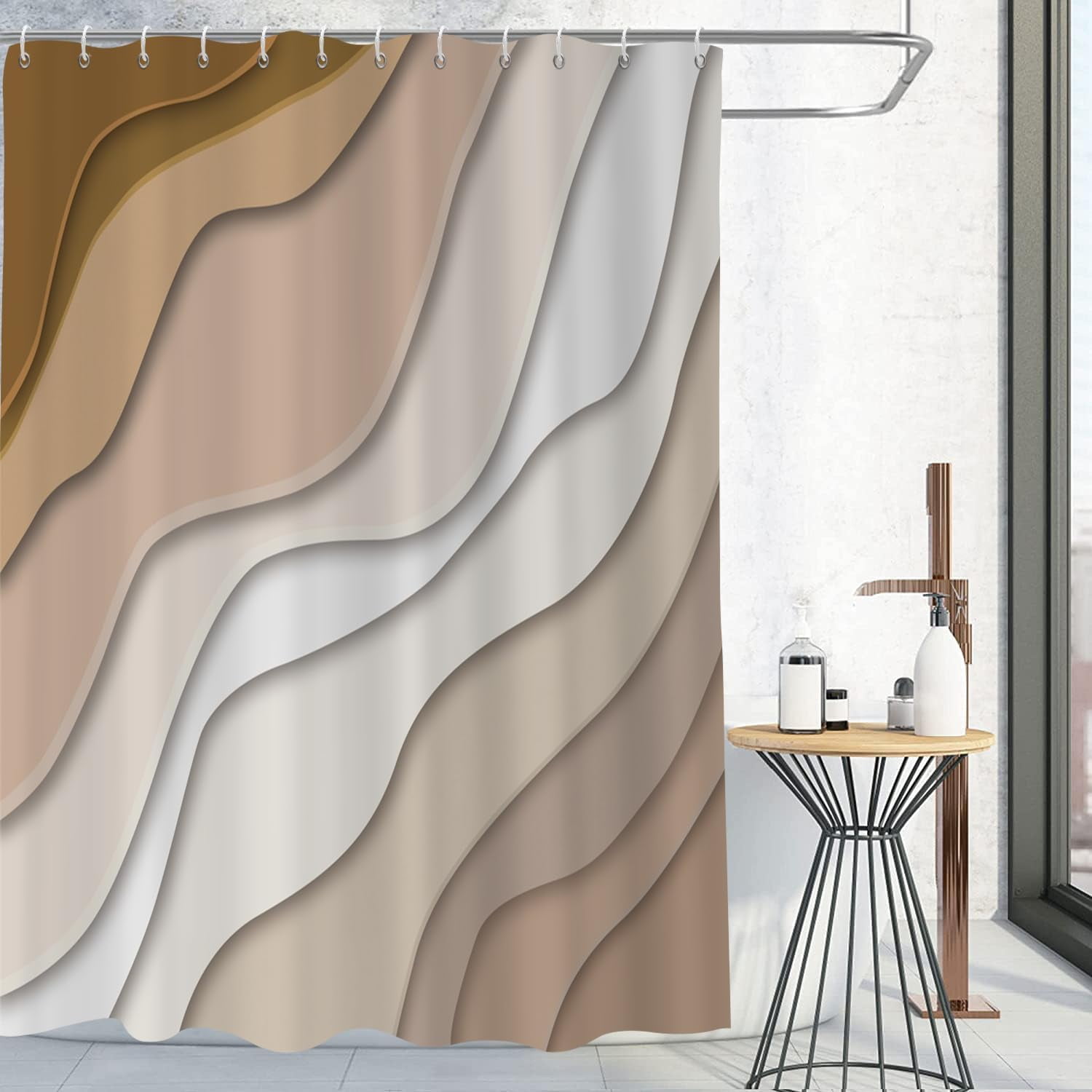 Brown Shower Curtain, Brown Ombre Aqua Beach Waves Abstract Ocean Modern Bathroom Curtain Home ...