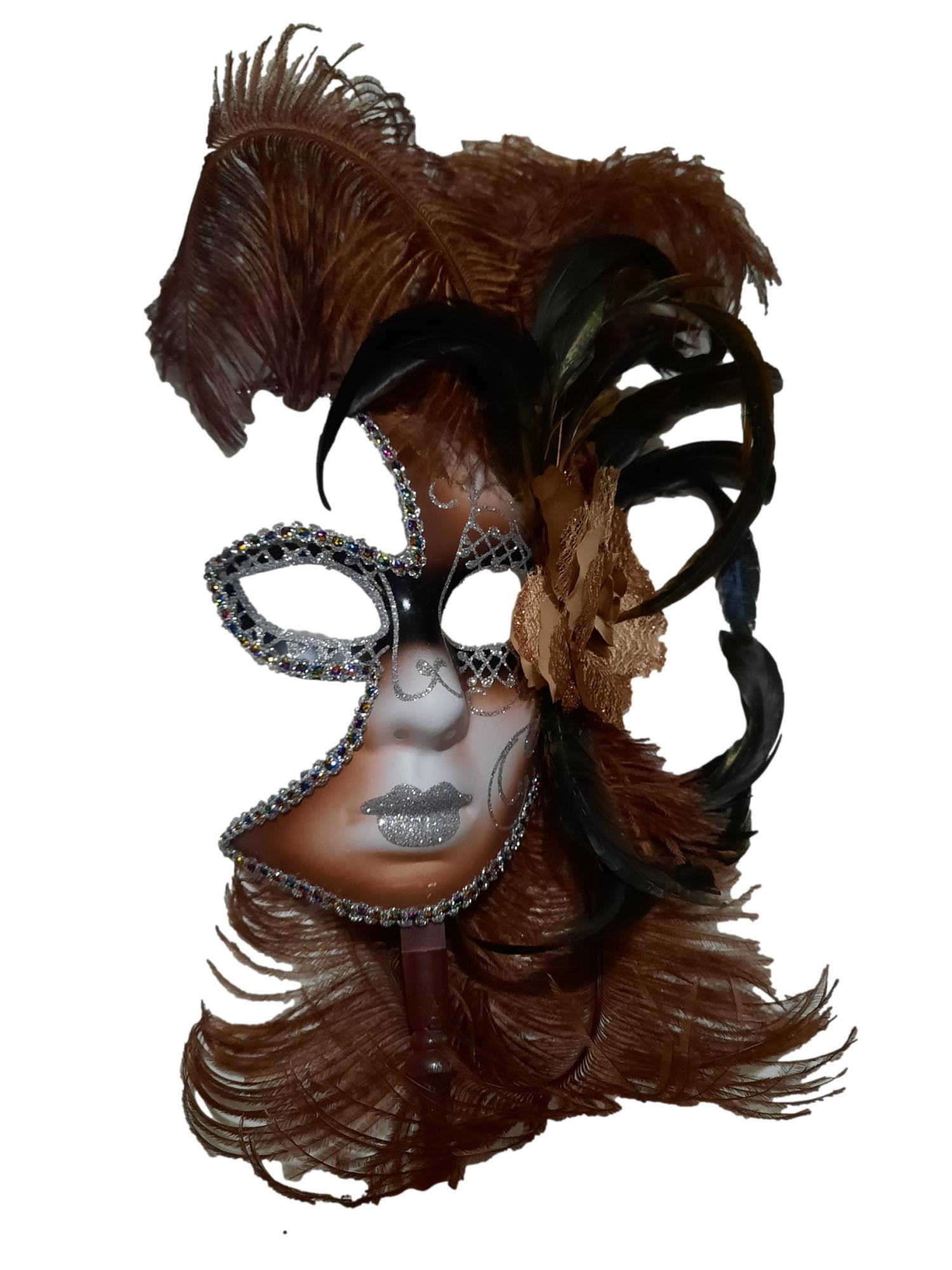 Brown Silver Fancy Feather Flower Stick Masquerade Mardi Gras Mask ...