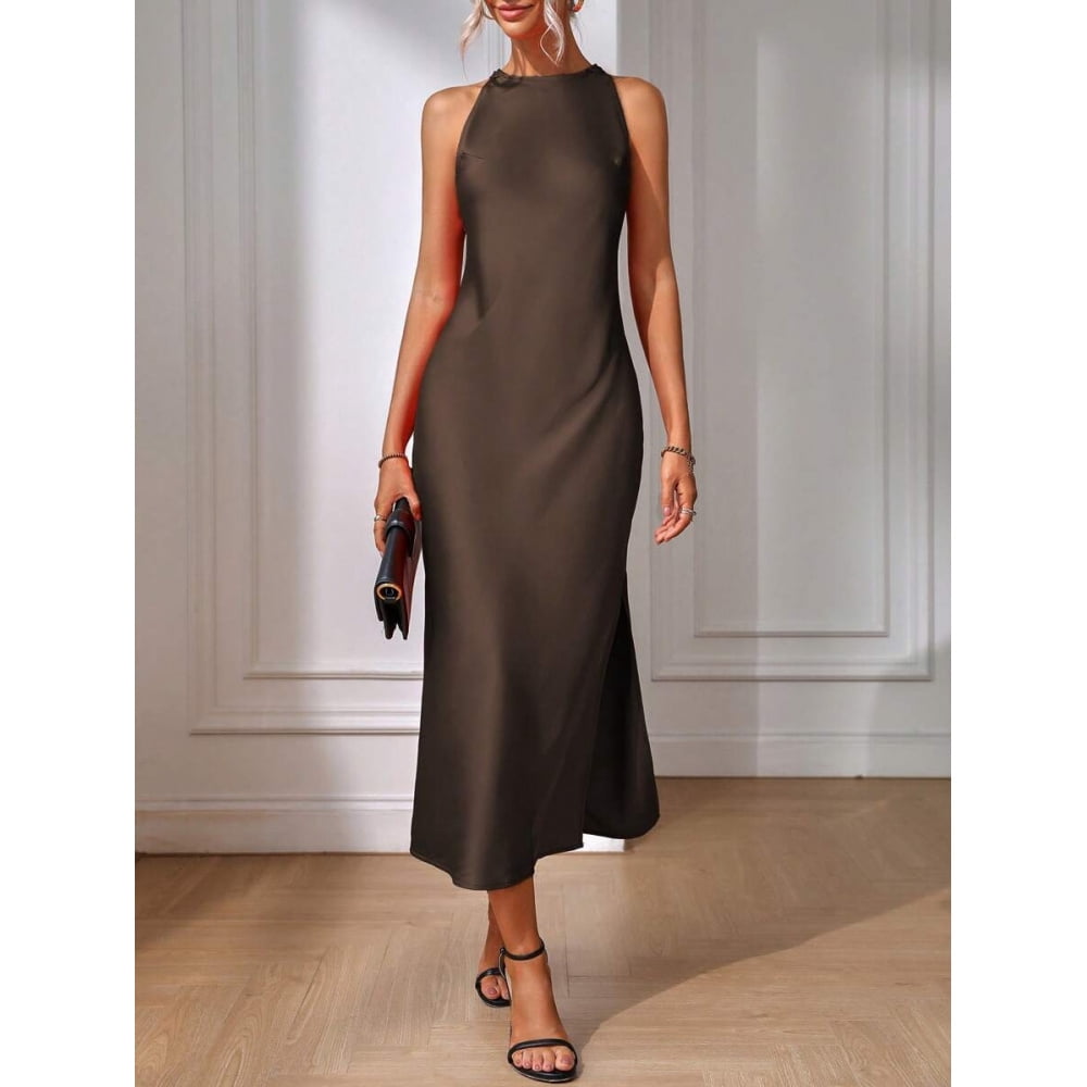 Brown Sleeveless High Neck Maxi Dress With Fishtail Hem And Side Slit ...