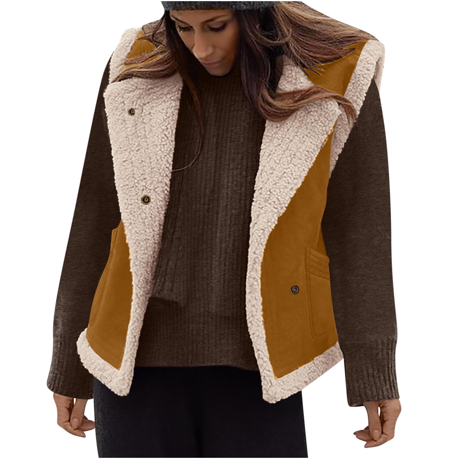 Brown Sleeveless Vest for Women Winter Fall Faux Fleece Lined Wool ...