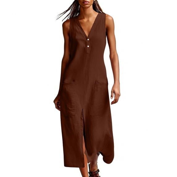Brown Sleeveless for Ladies Fall Summer Vneck Faux Gauze Linen Mini ...
