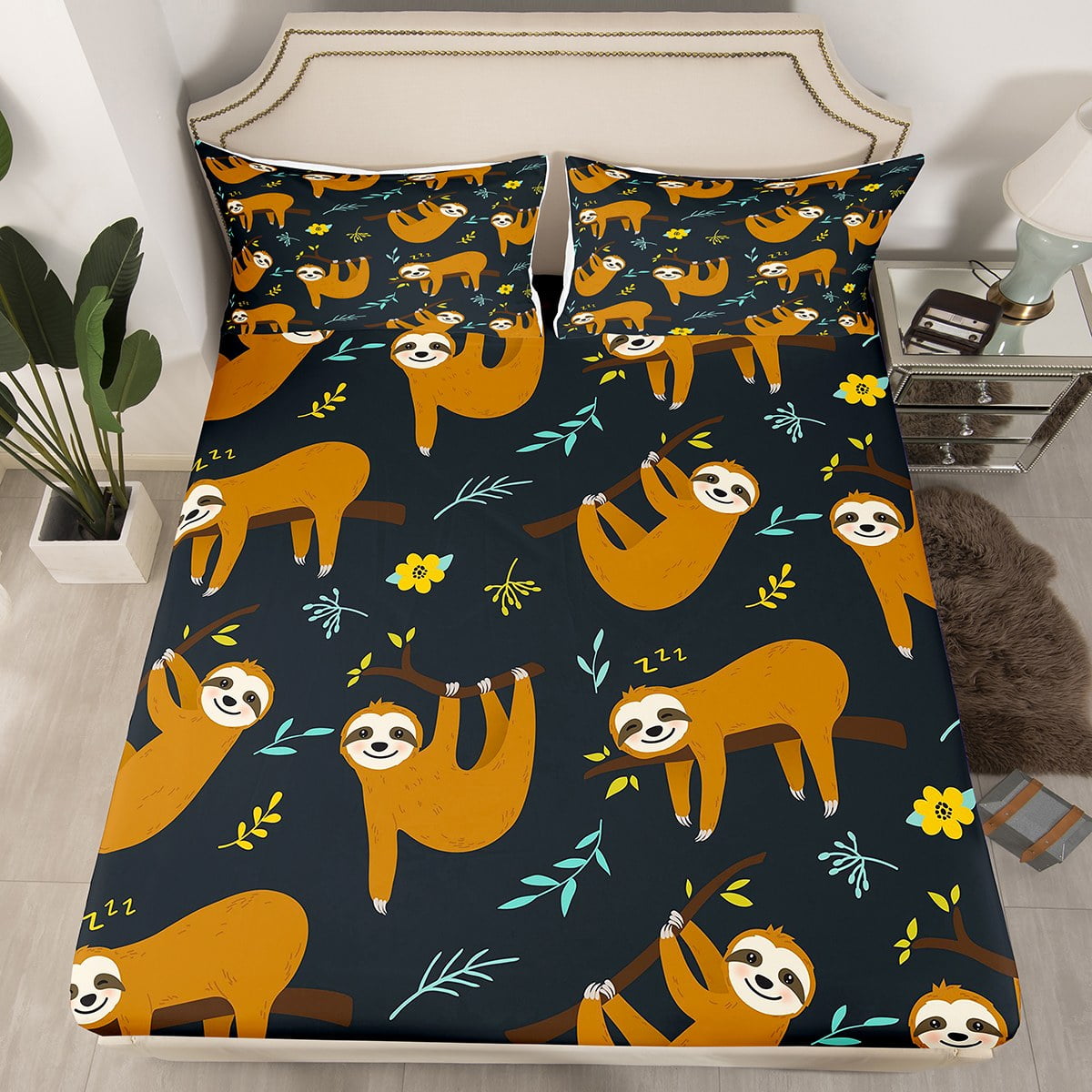 Brown Sloth Bedding Set Kawaii Decor,Cute Sloth Tropical Jungle Animals ...