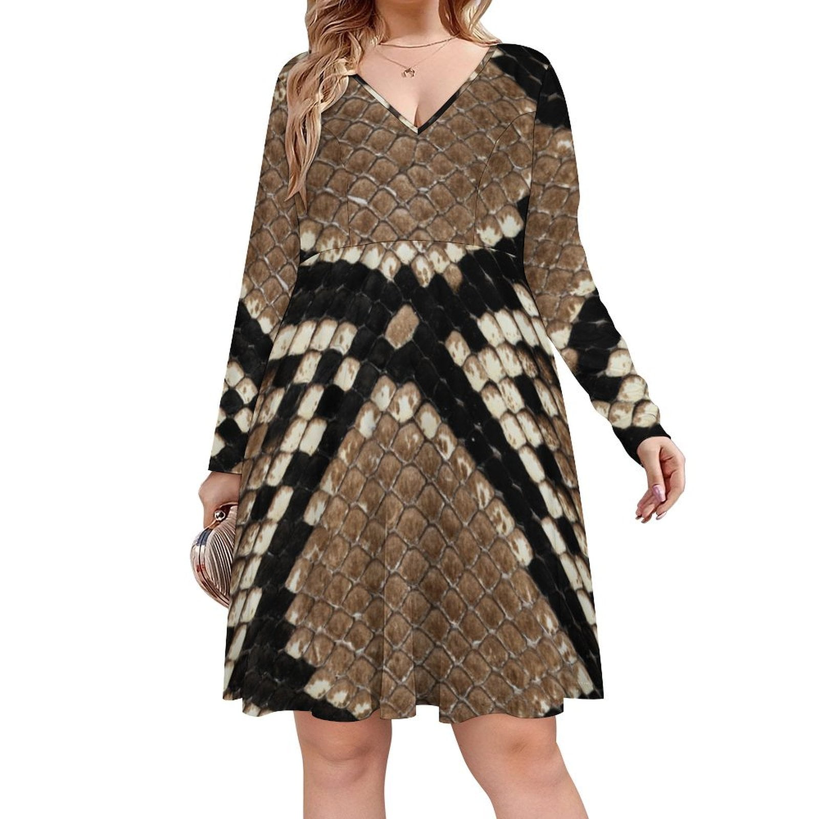 Brown Snake Pattern Long Sleeve Dresses For Women Vintage Elegant Party ...