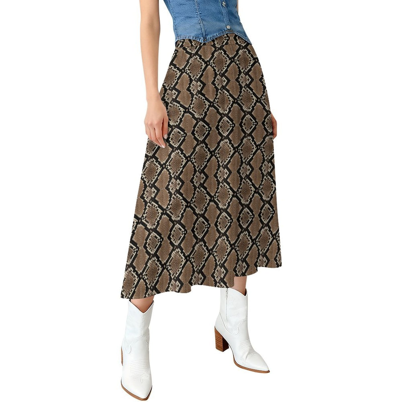 Brown Snake Pattern Women High Waist Midi Skirt Elegant Midi Skirt High ...