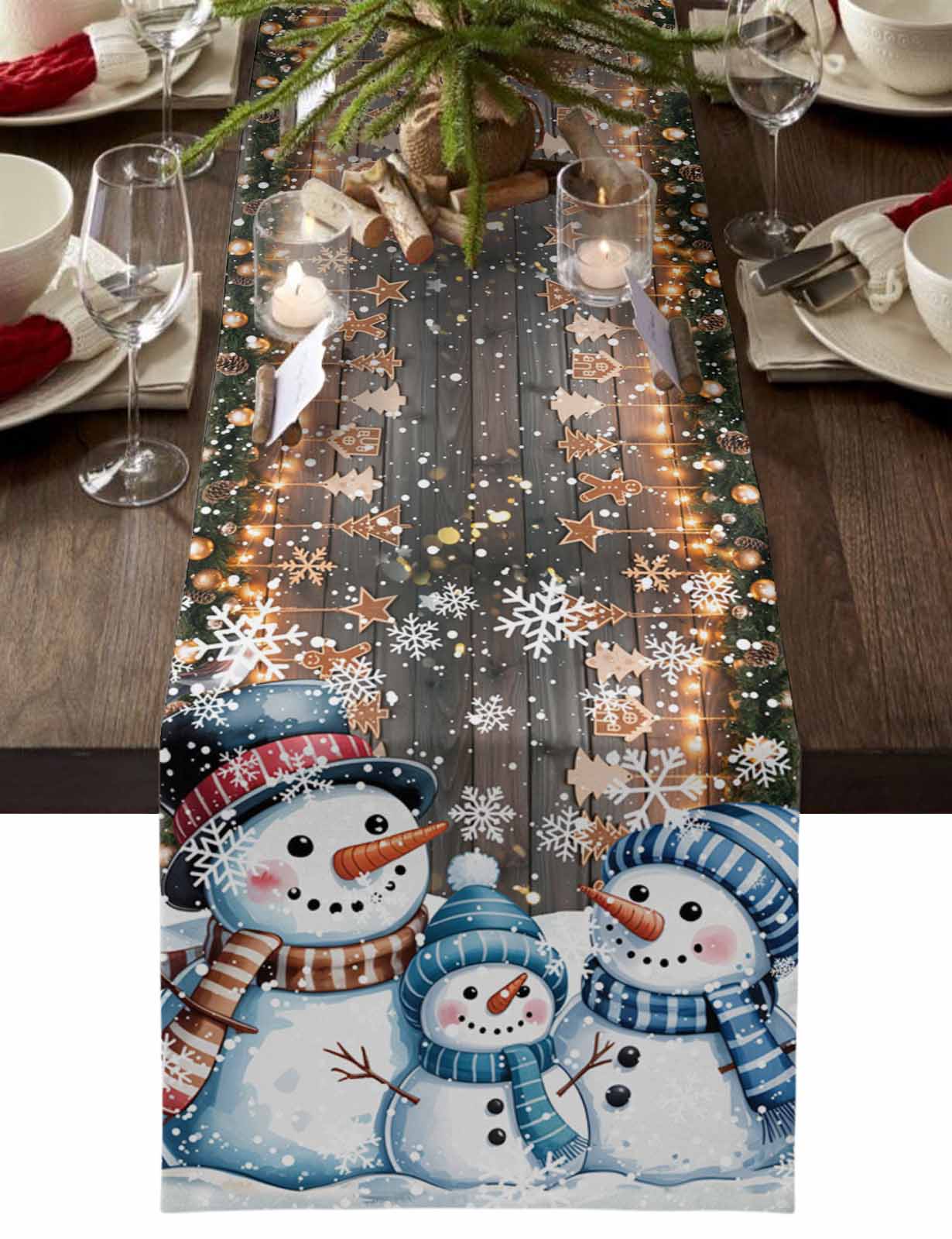 Brown Snowman Christmas Cotton Linen Table Runner for Dining Kitchen ...