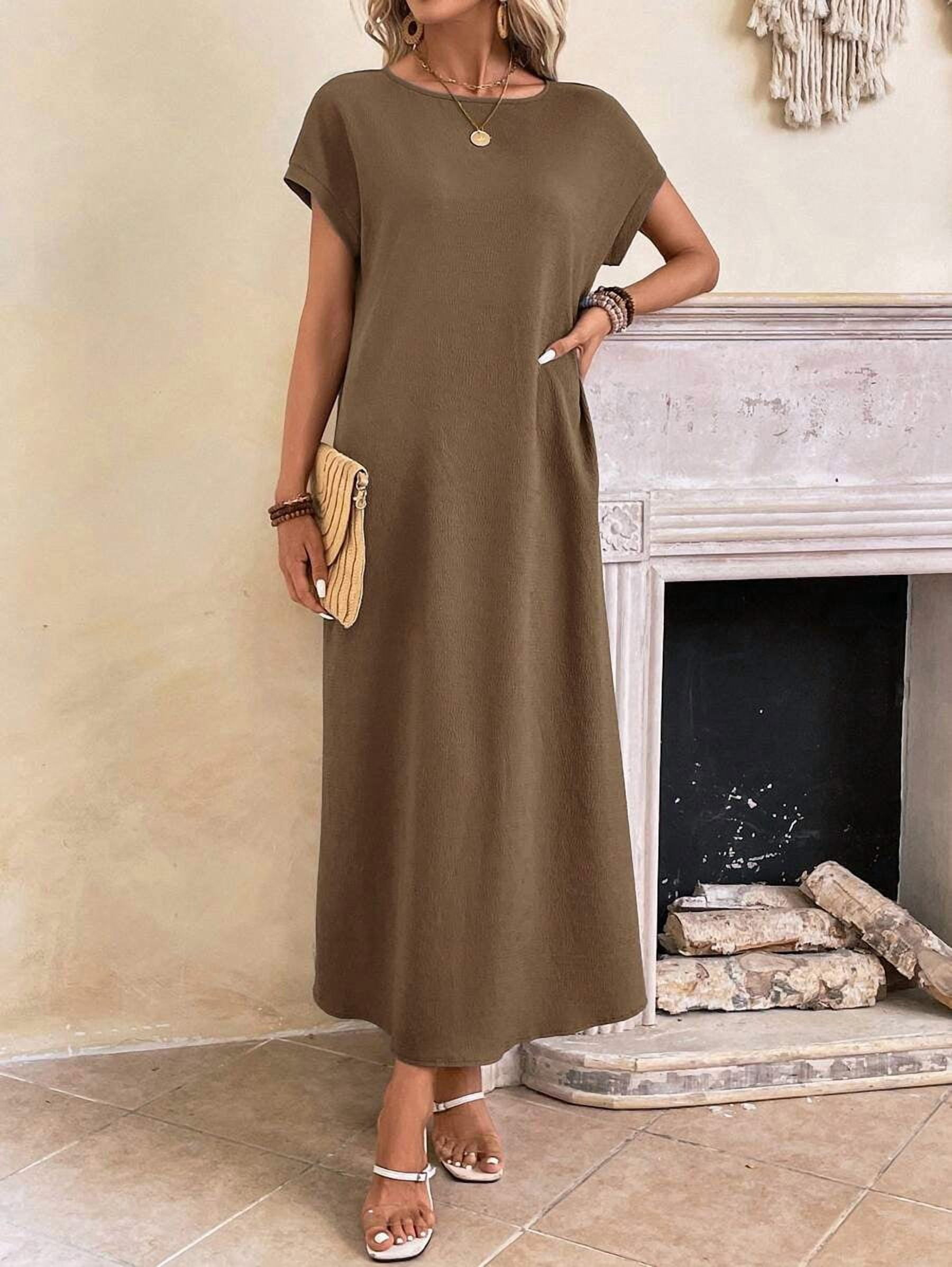 Brown Solid Batwing Sleeve Maxi Casual Dress For Women Summer - Walmart.com