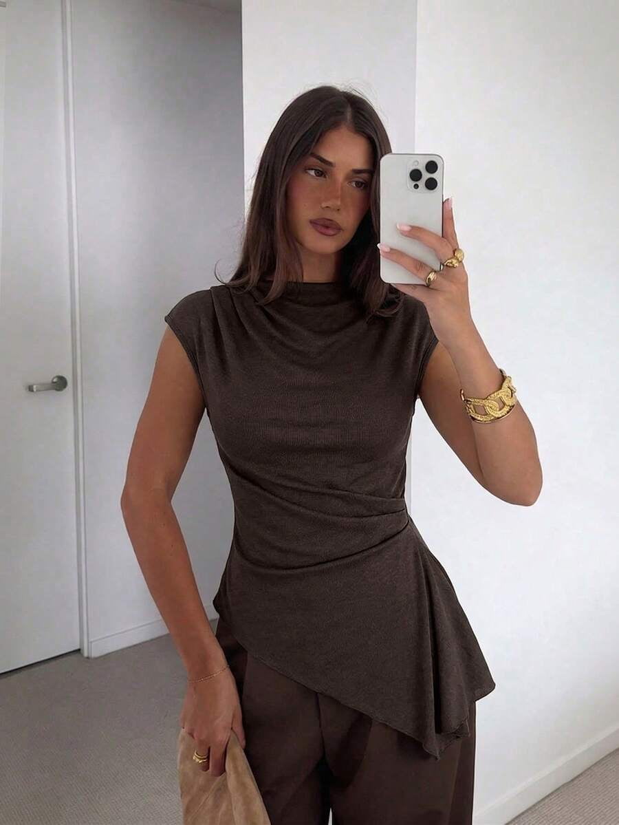 Brown Solid Color Asymmetrical Hem Short Sleeve Top With Pleated Mock ...