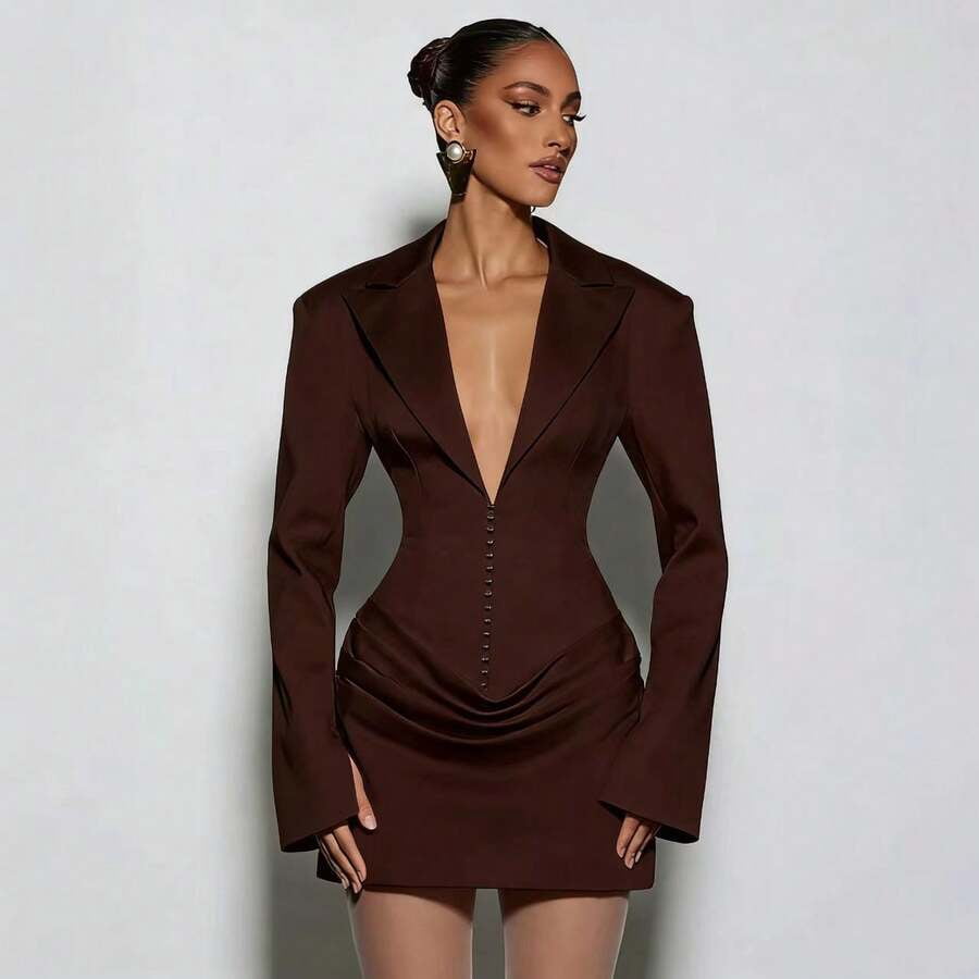 Brown Solid Color Jacket Dress Deep V-Neck Ruched Waist Slim Fit Formal ...