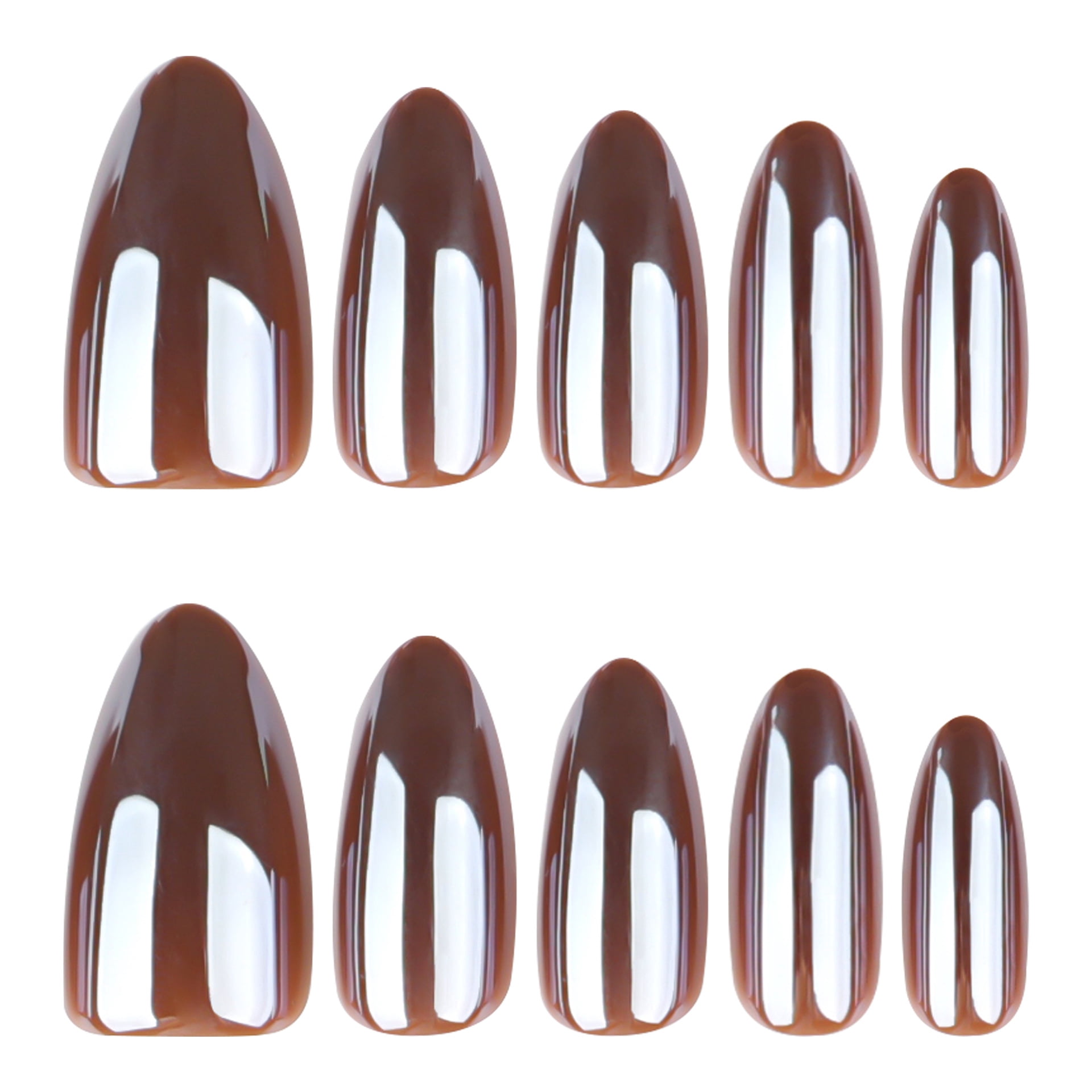 Brown Solid Color Press on Nails, Medium Almond Glossy False Nails, 10 ...