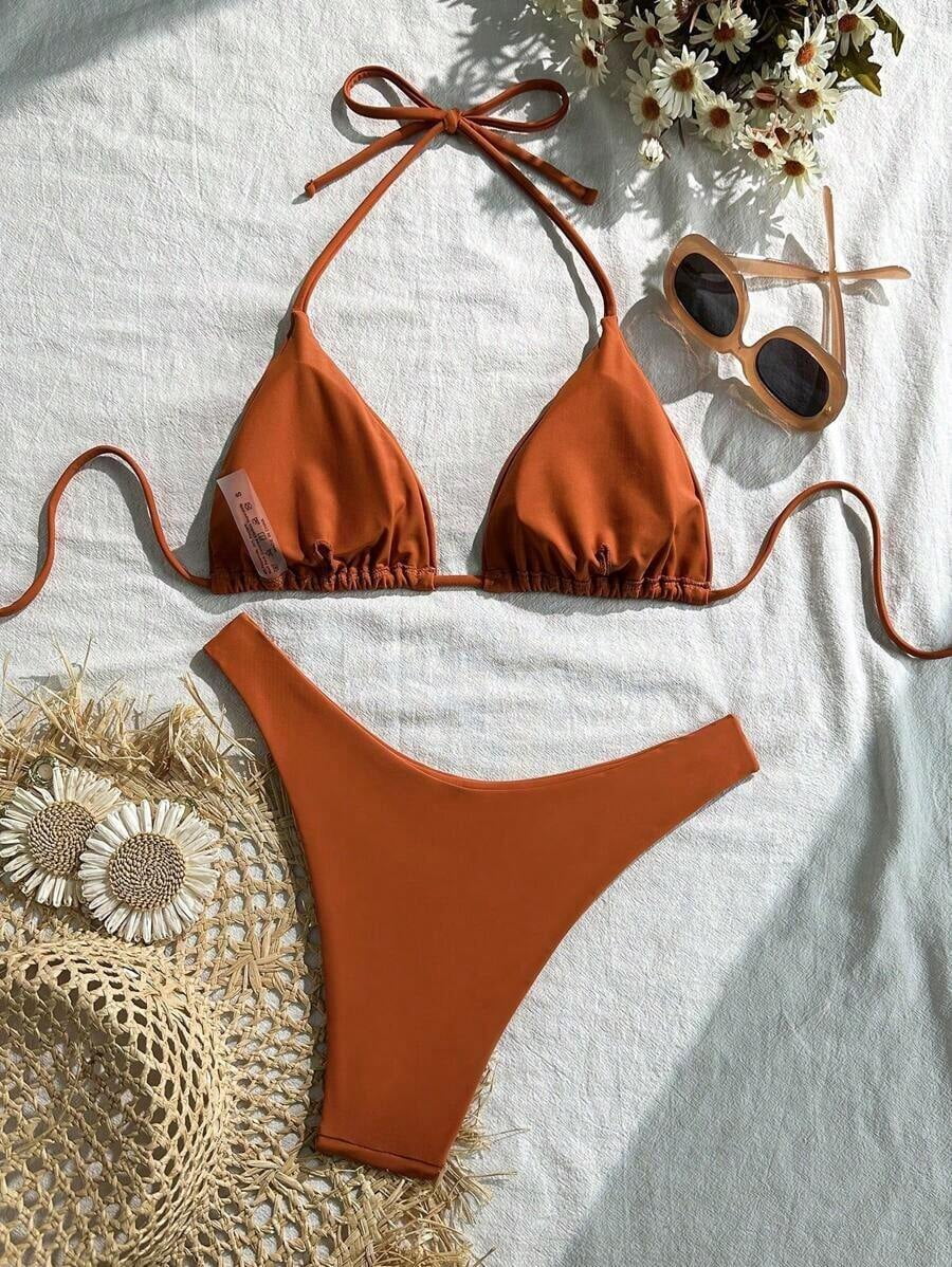 Brown Solid Halter Tie-Back Triangle Bikini Set For Beach & Vacation ...