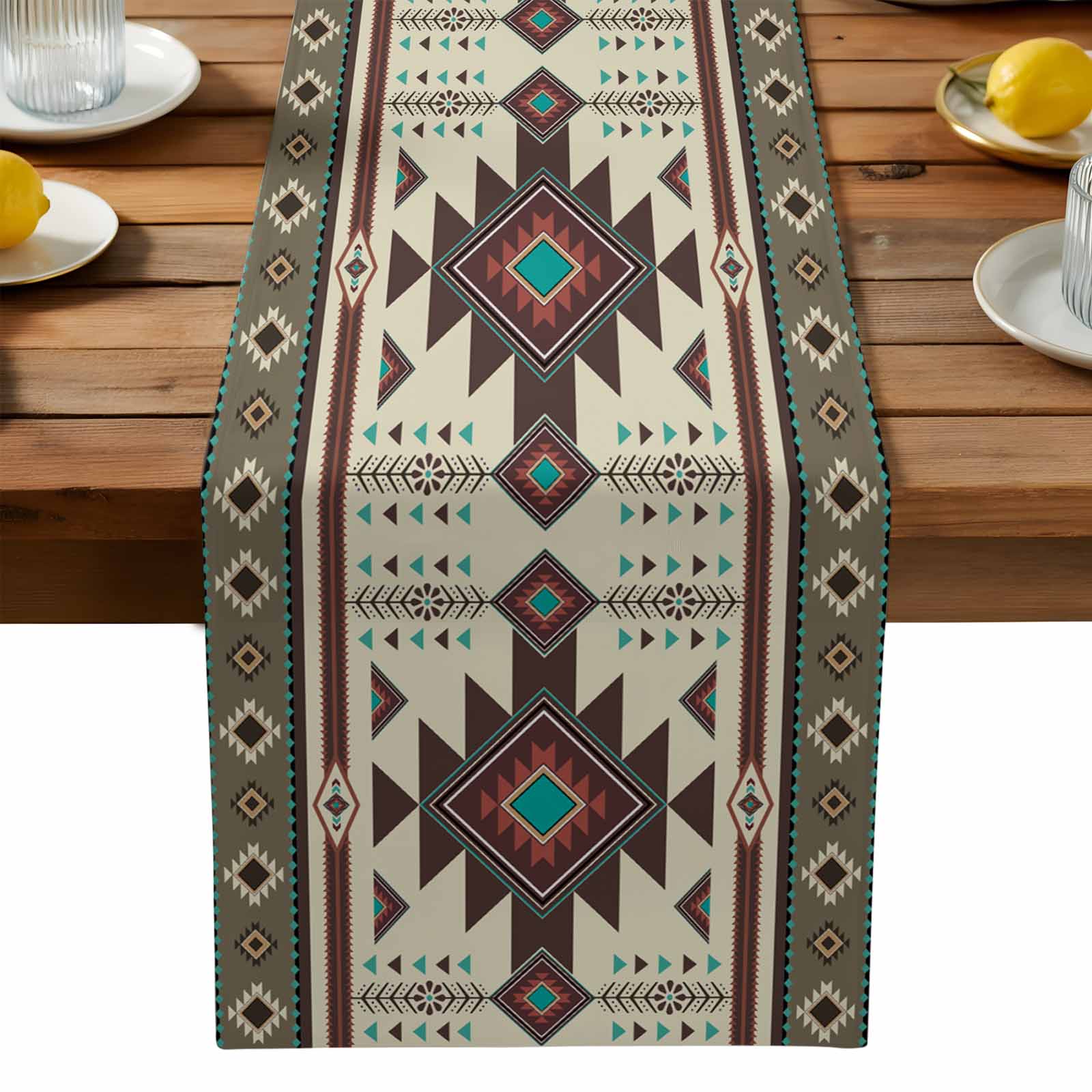 Brown Southwest Cotton Linen Table Runner for Dining Kitchen, Ethnic ...