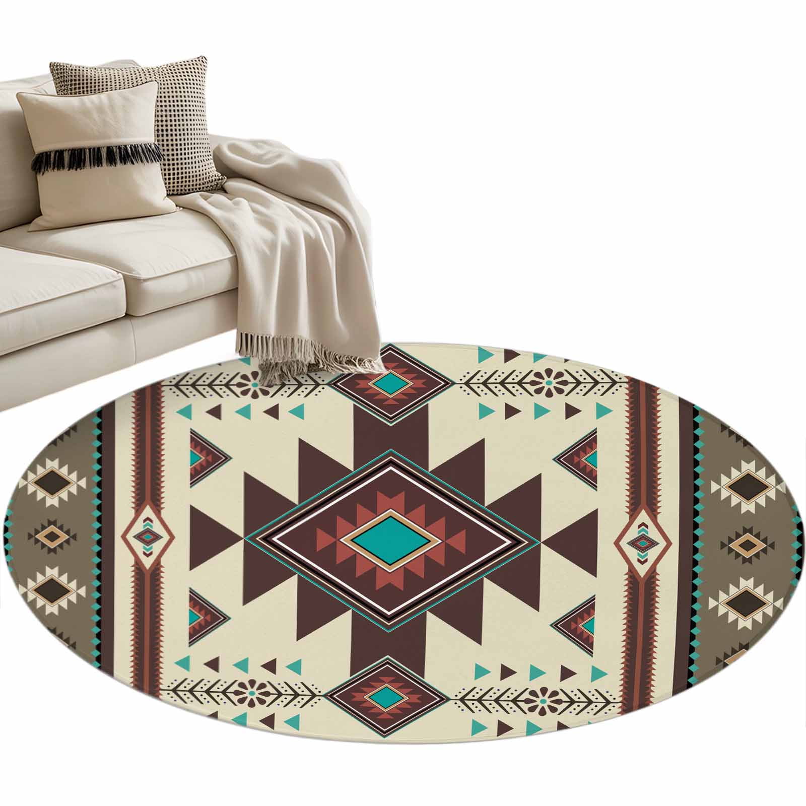 Brown Southwest Round Area Rug 4ft, Ethnic Boho Tribal Vintage ...