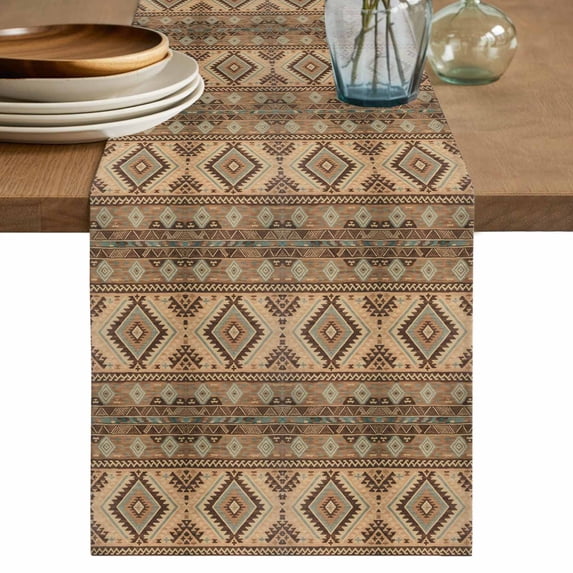 Brown Southwest Table Runner, Modern Geometric Ethnic Vintage Washable ...