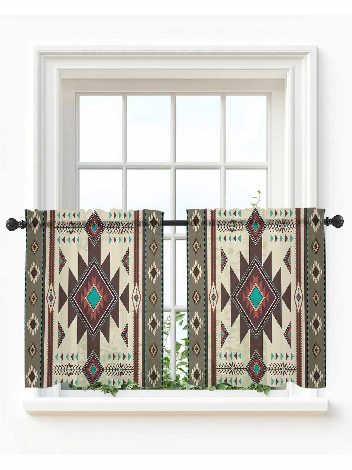 Brown Southwest Tier Curtains 36 Inch Length,Sheer Curtains for Bedroom ...