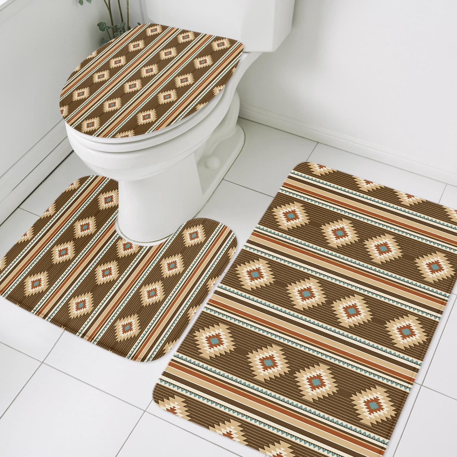 Brown Southwestern Bathroom Rugs Set Aztec Diamond Motif Tribal ...