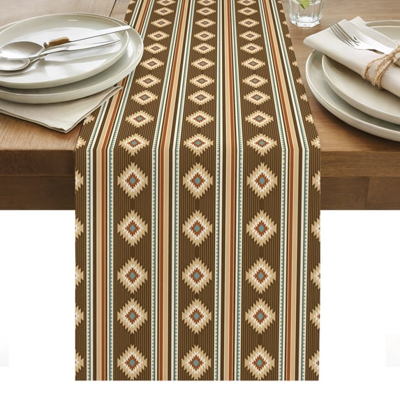 Brown Southwestern Cotton Linen Table Runner Aztec Diamond Motif Tribal ...