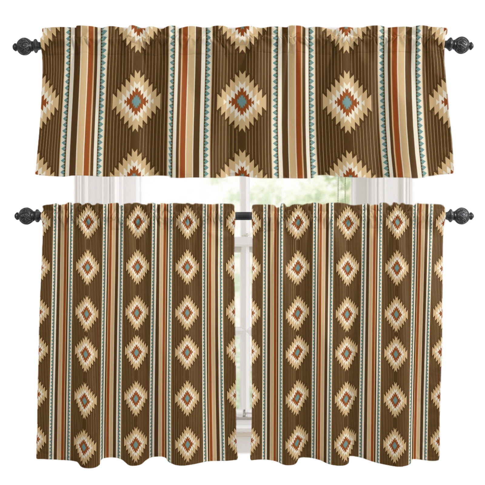 Brown Southwestern Kitchen Curtains and Valances Set, Aztec Diamond ...
