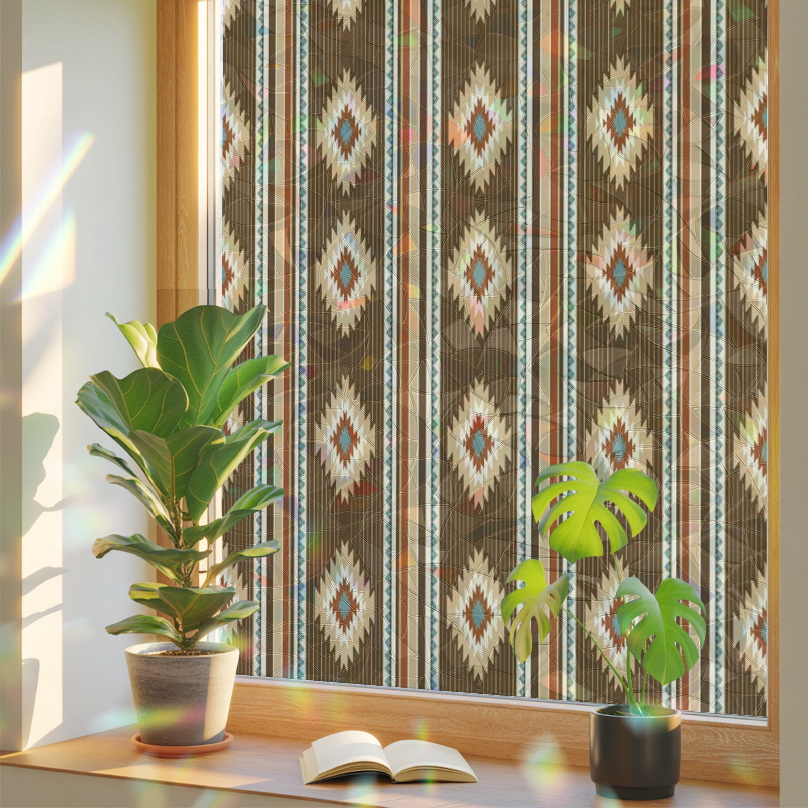 Brown Southwestern Window Privacy Film, Aztec Diamond Motif Tribal ...