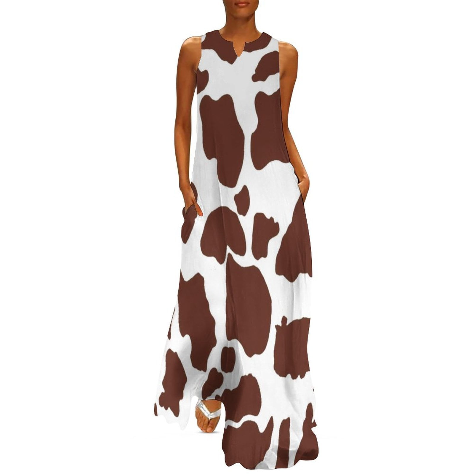 Brown Spots Cow Print Dress Farm Animals Elegant Maxi Dress V Neck ...