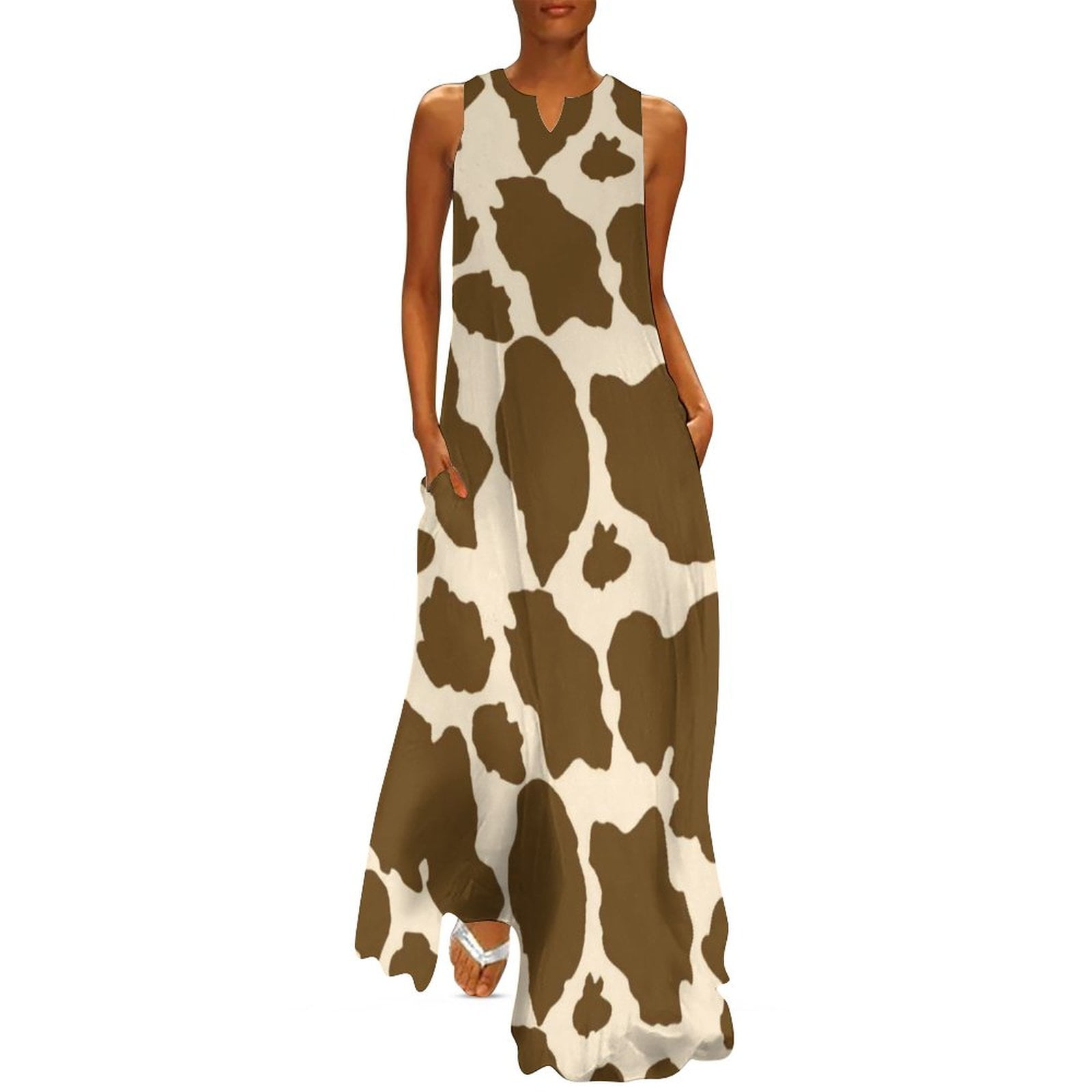 Brown Spots Cow Print Dress Farm Animals Elegant Maxi Dress V Neck ...