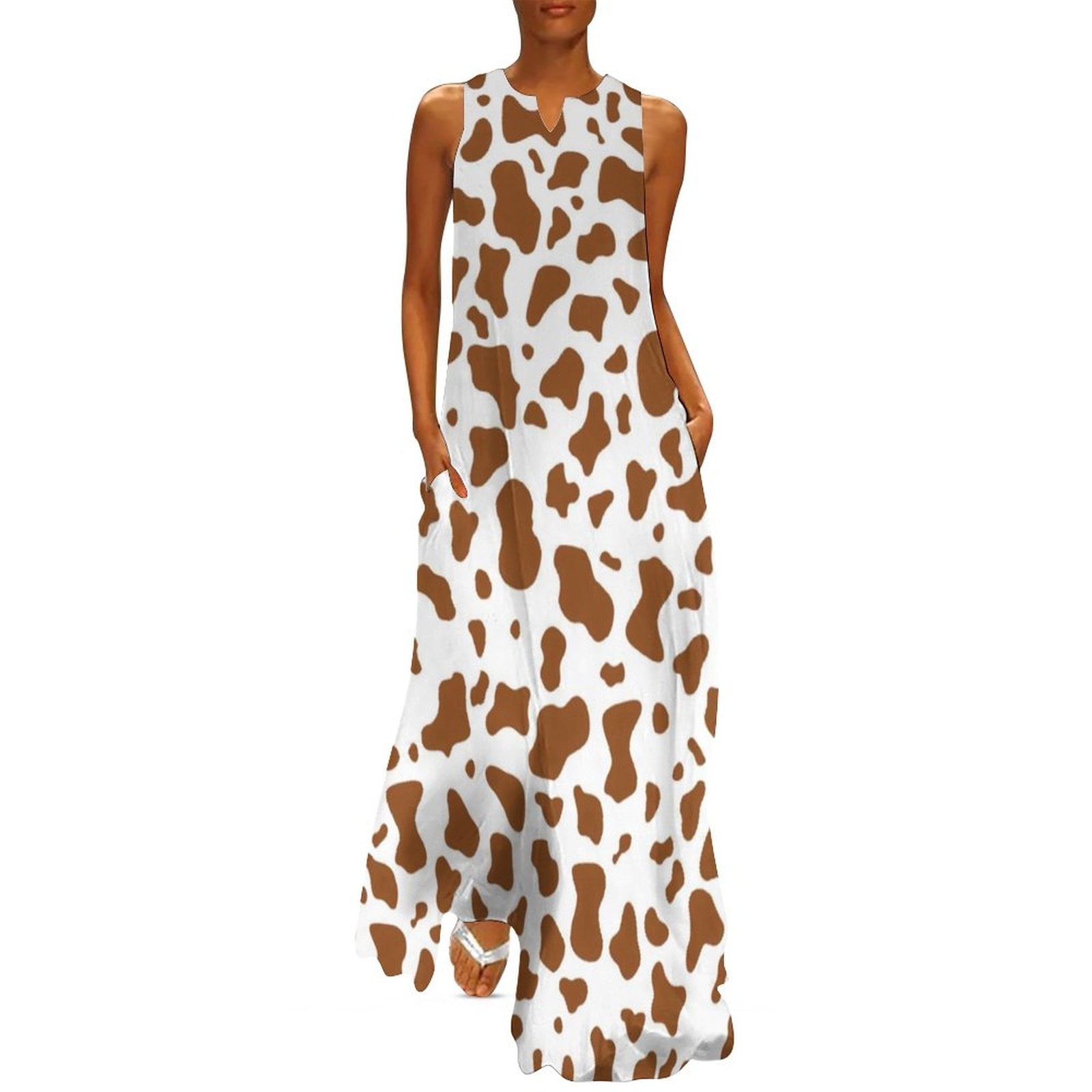 Brown Spots Cow Print Dress Farm Animals Elegant Maxi Dress V Neck ...