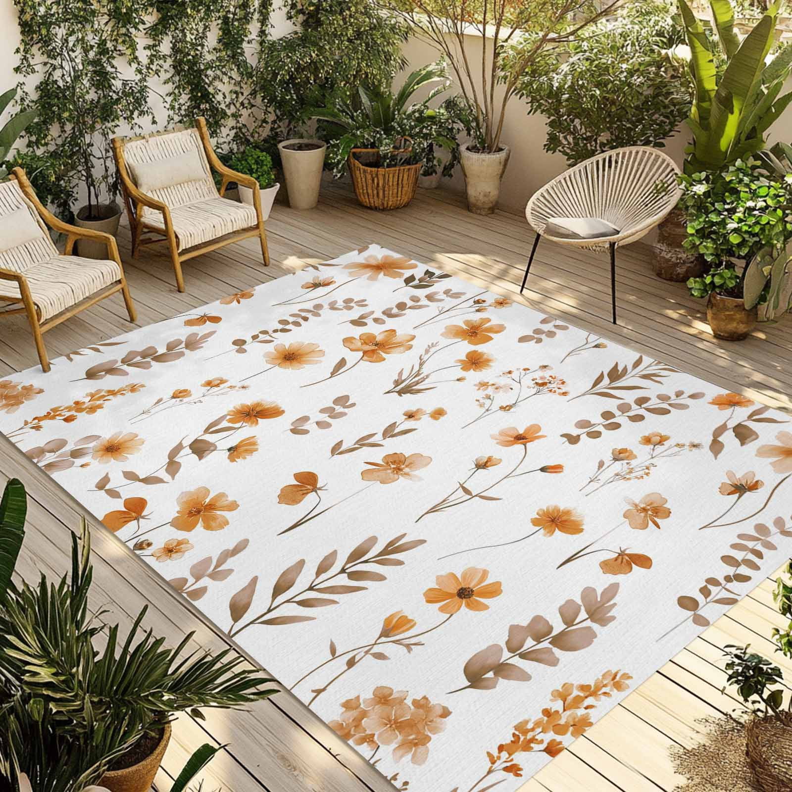 Brown Spring Floral Outdoor Rug 3x5 Ft - Reversible Patio Rug Outdoor ...